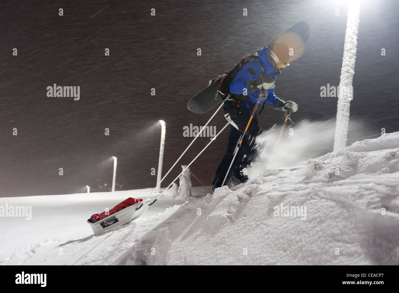 A nowboarder exercising sledge pulling up the slope of Pyhätunturi ...