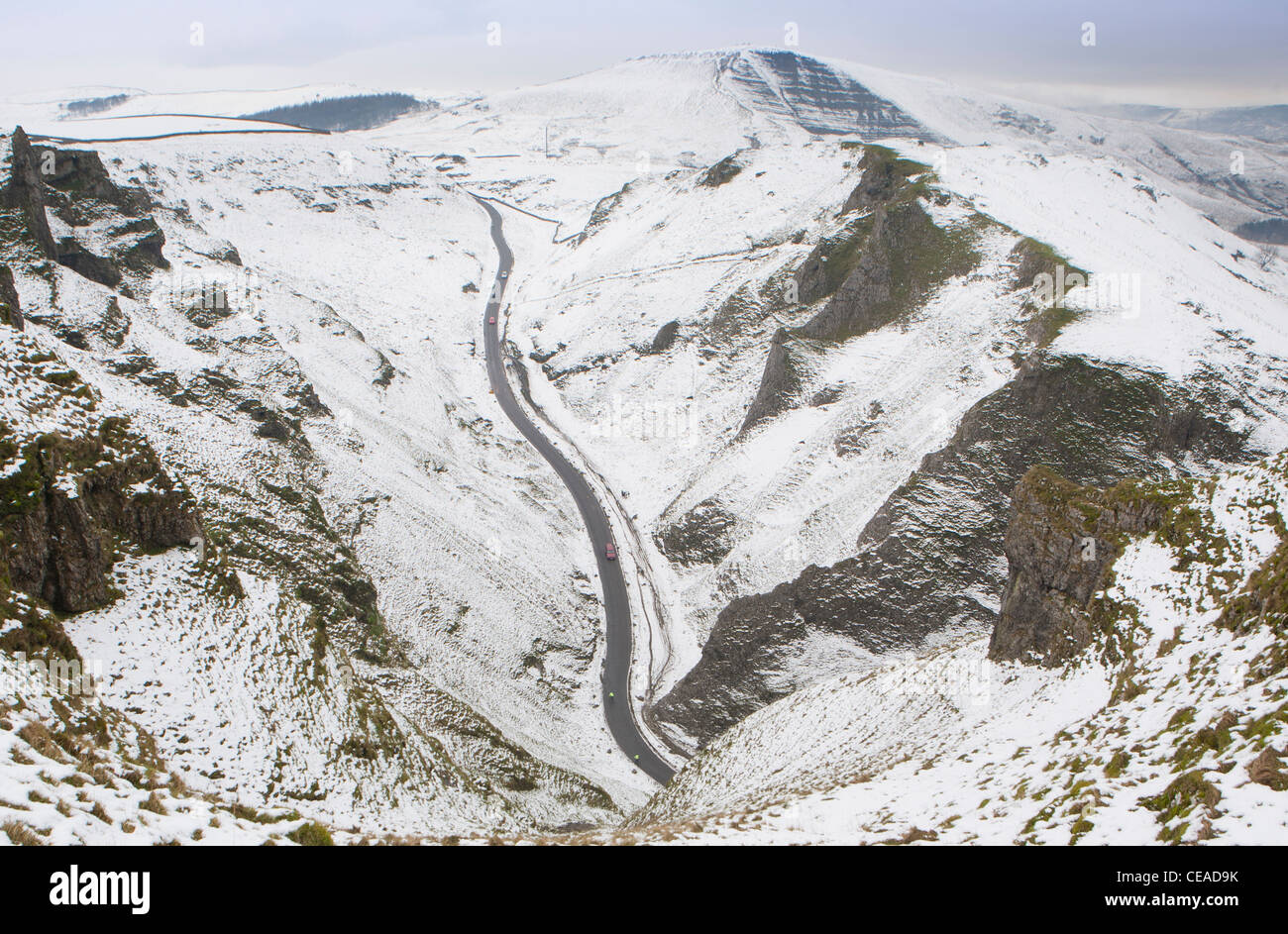 A view of Winnats Pass in winter, near Castleton, High Peak, Derbyshire ...