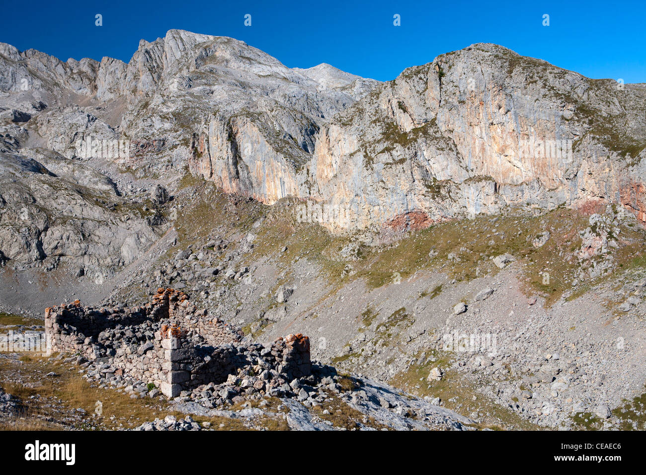 Ruined zinc-mine building on the eastern massif of the Picos de Europa ...