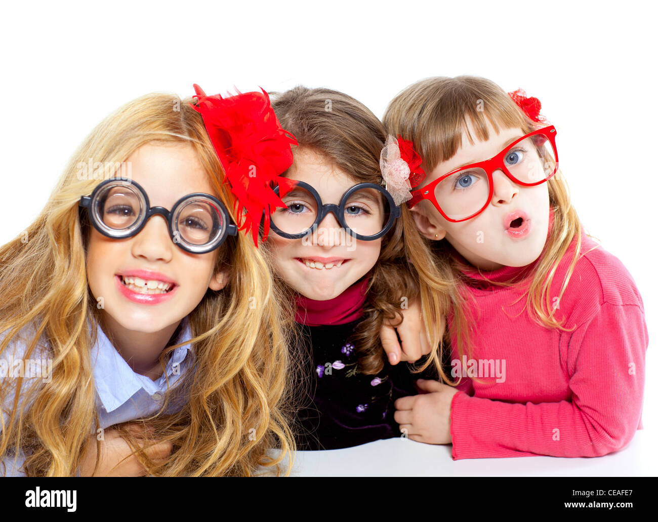 nerd children girl group with glasses and funny expression Stock Photo ...