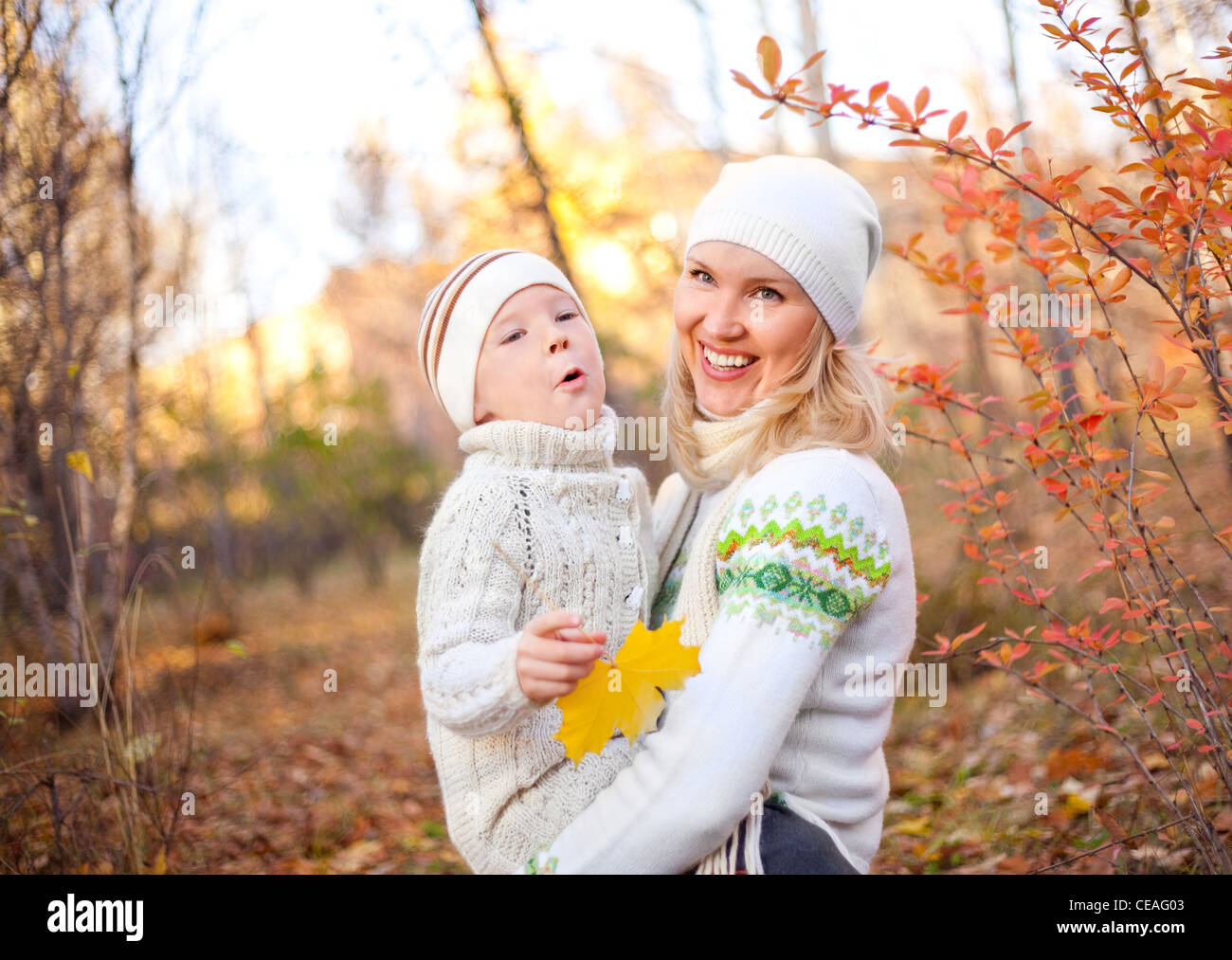 happy mother and son in the autumn park Stock Photo - Alamy