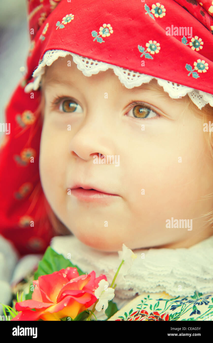 Retro portrait of child in folk costume of Vracov, Czech Republic Stock ...