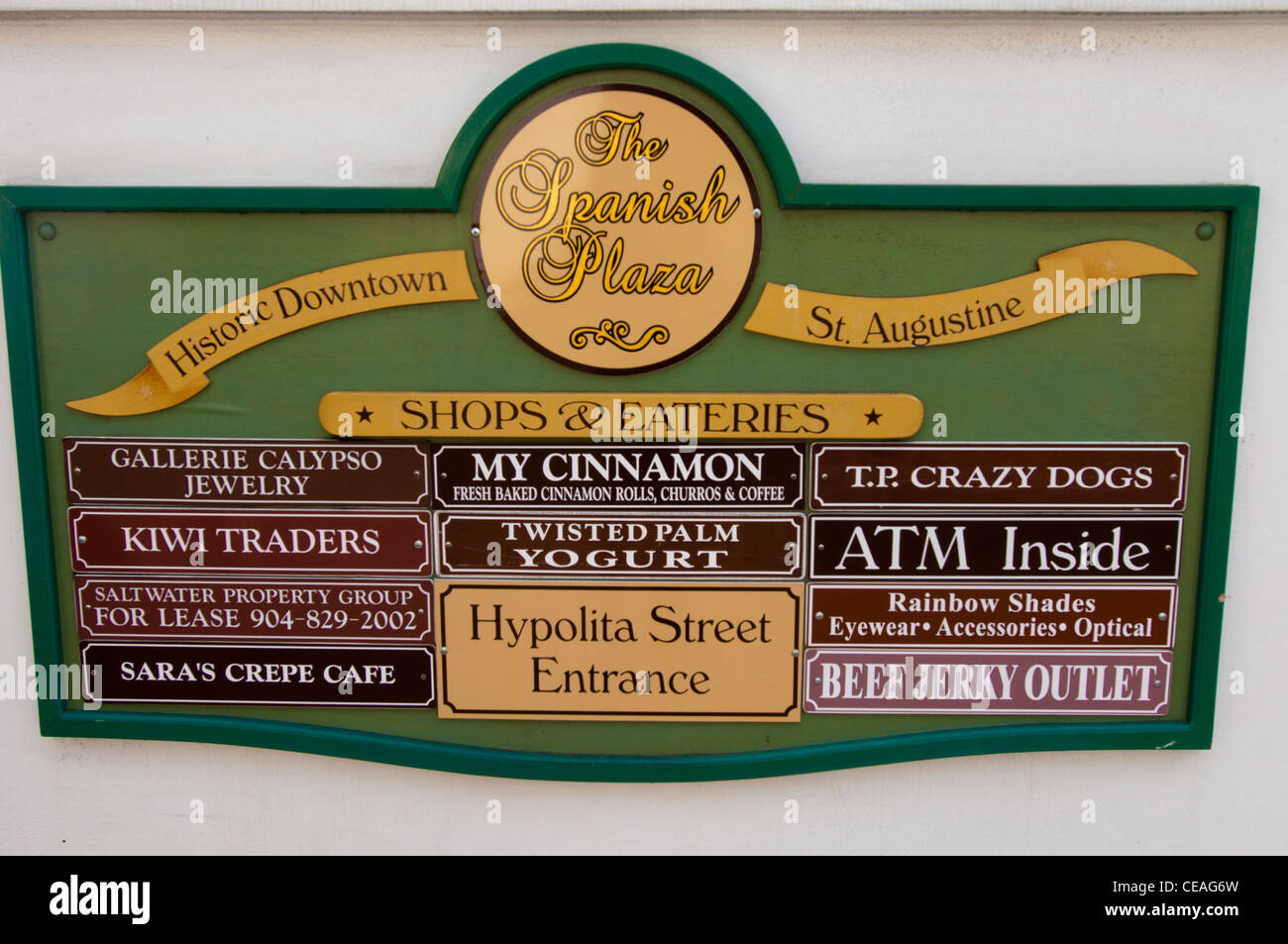 Sign with names of local businesses the spanish plaza hi-res stock ...