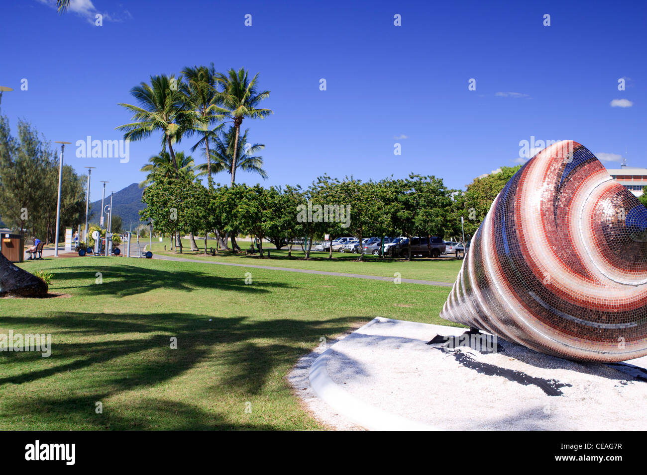 Public artwork lines the foreshore on the Cairns Esplanade, far north ...