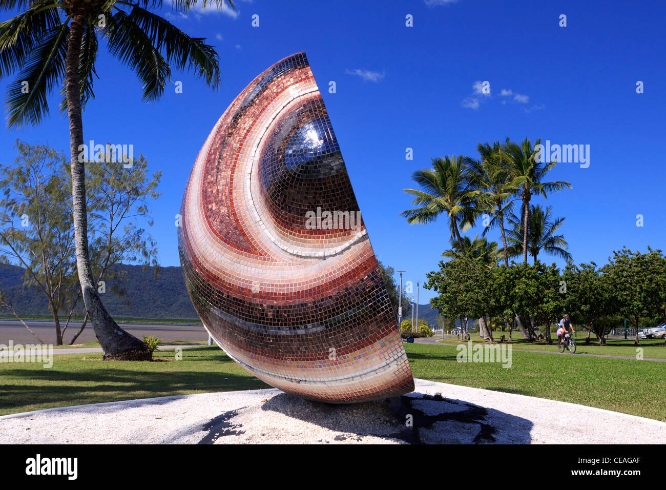 Public artwork lines the foreshore on the Cairns Esplanade, far north ...