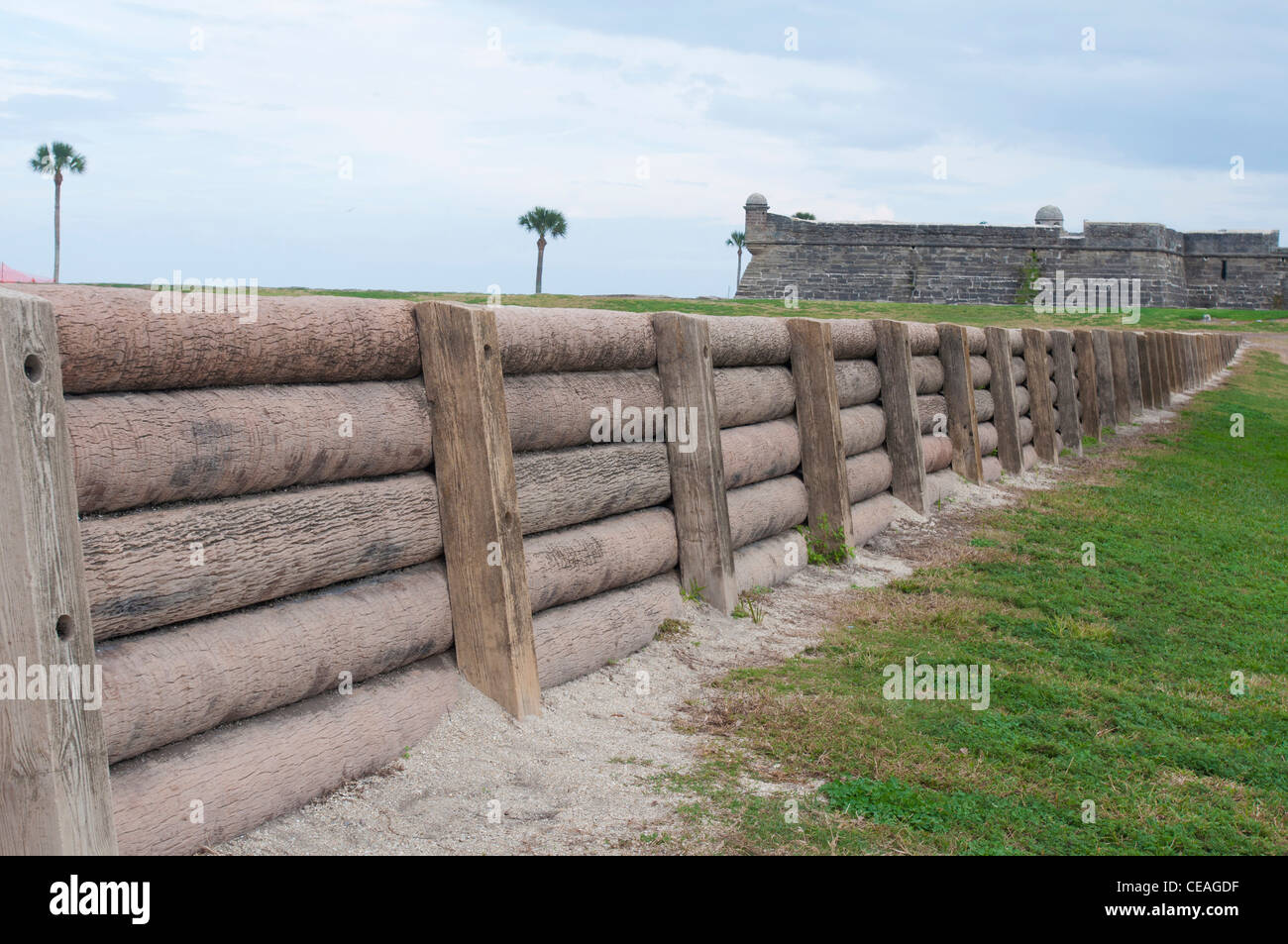 Wooden, palm tree trunk city wall in St Augustine, Florida, United ...