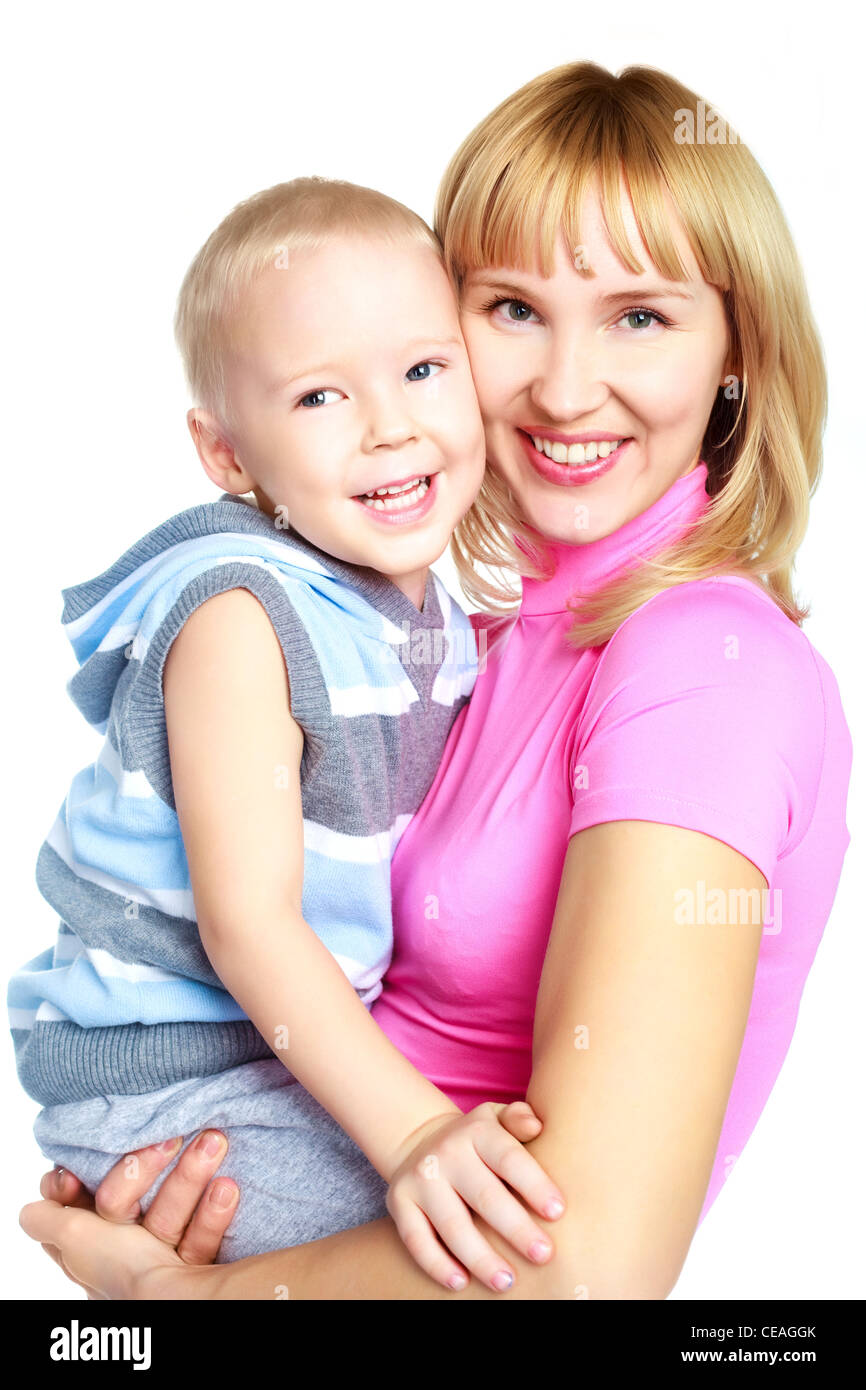 happy mother and son, isolated against white Stock Photo - Alamy