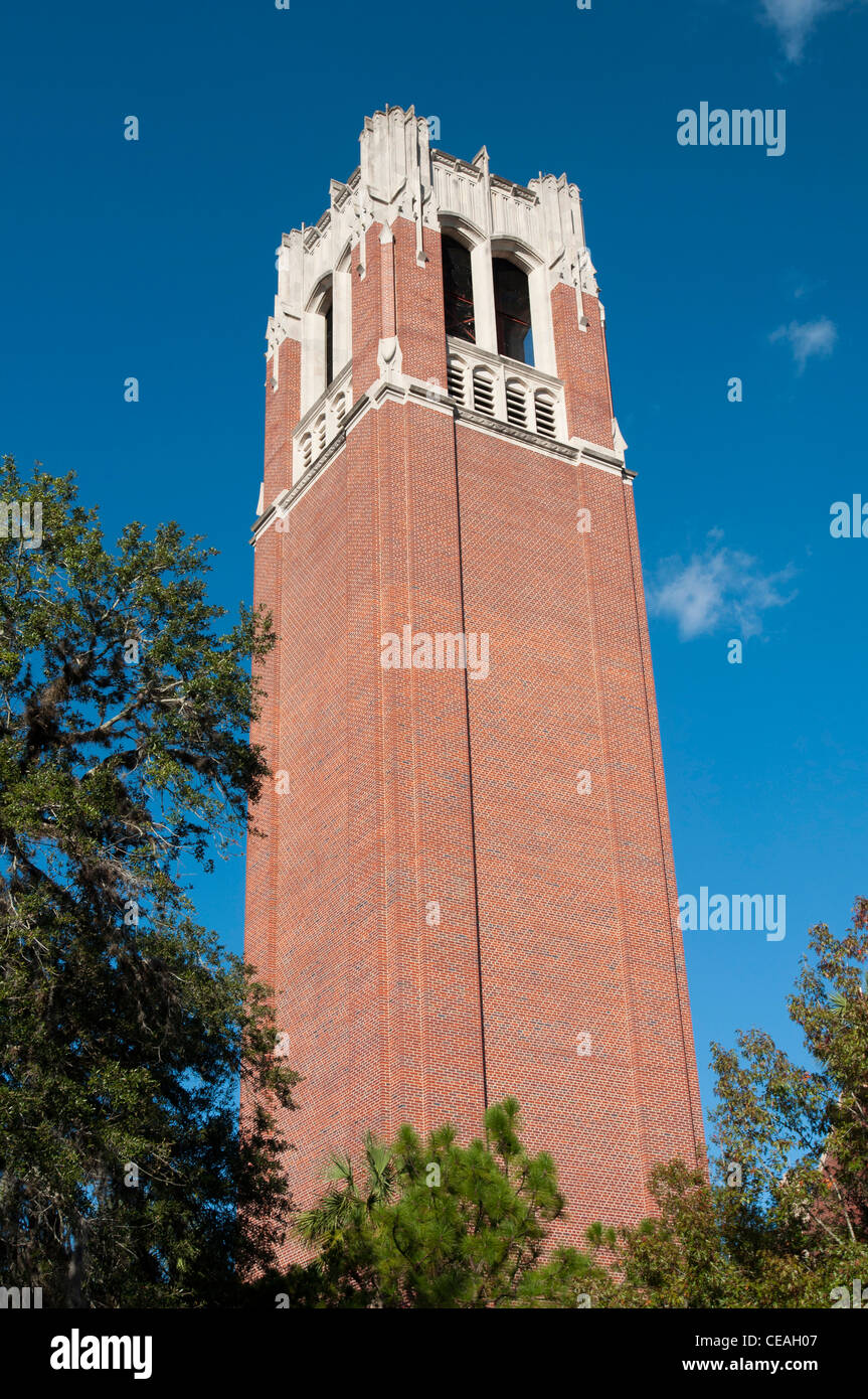 Red brick Century Tower, blue sky background, University of Florida ...