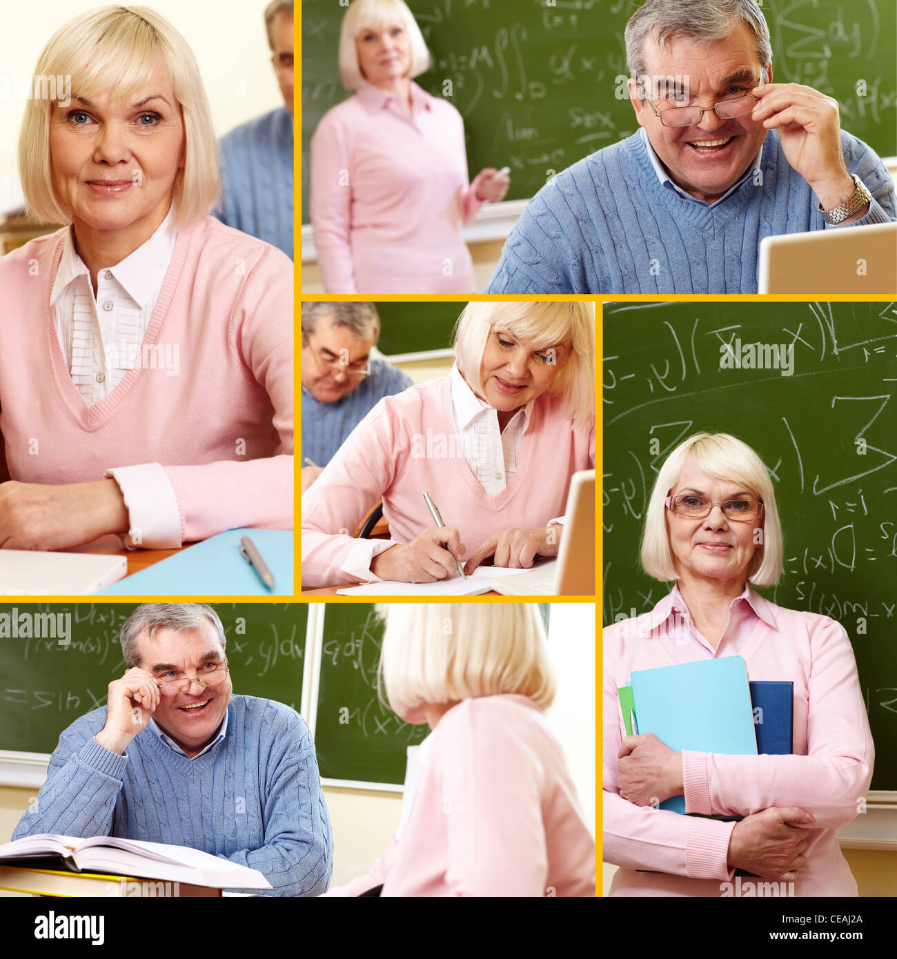 Collage of mature man and woman during training course Stock Photo - Alamy