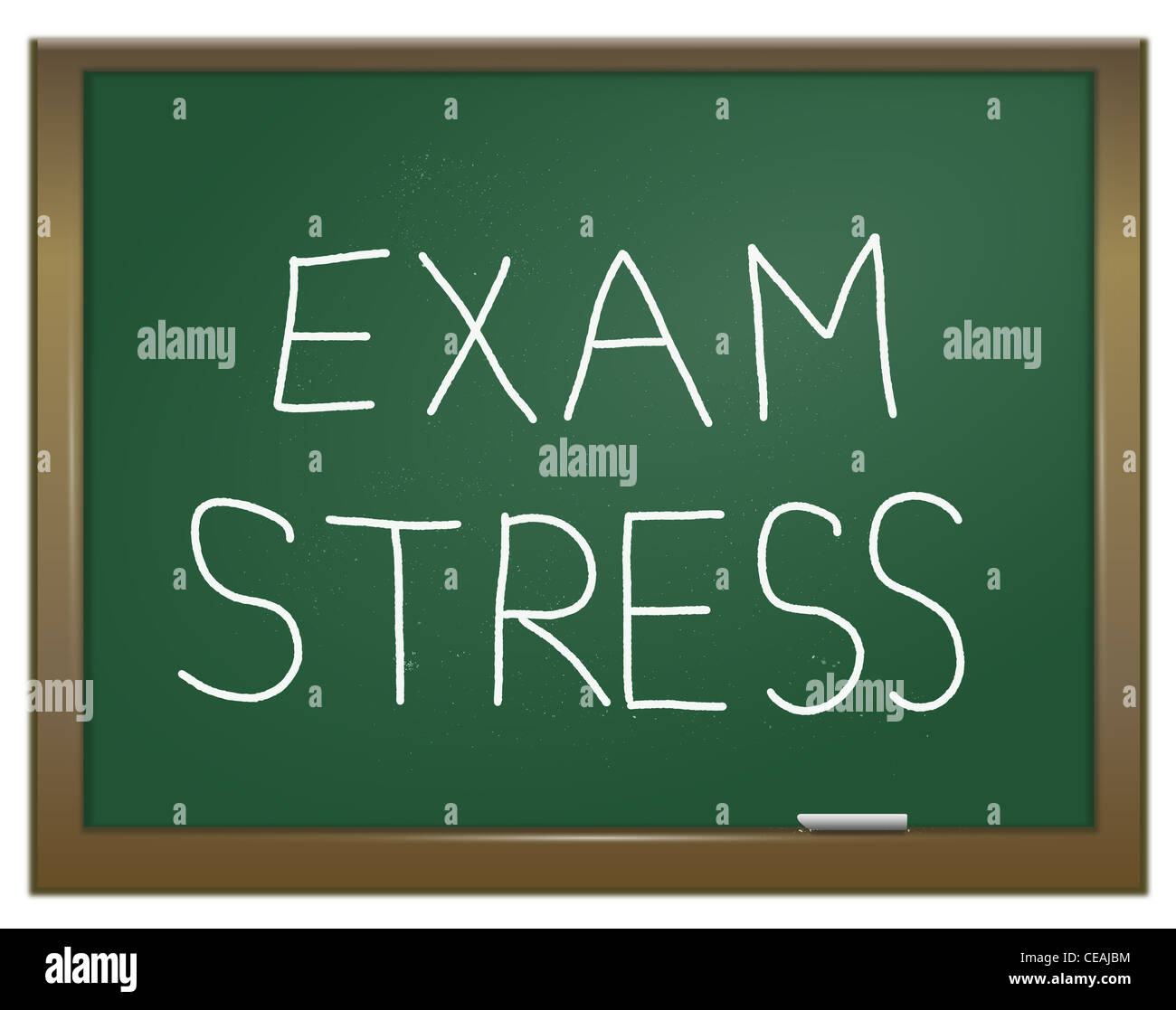 Illustration depicting a green chalk board with the words 'exam stress ...