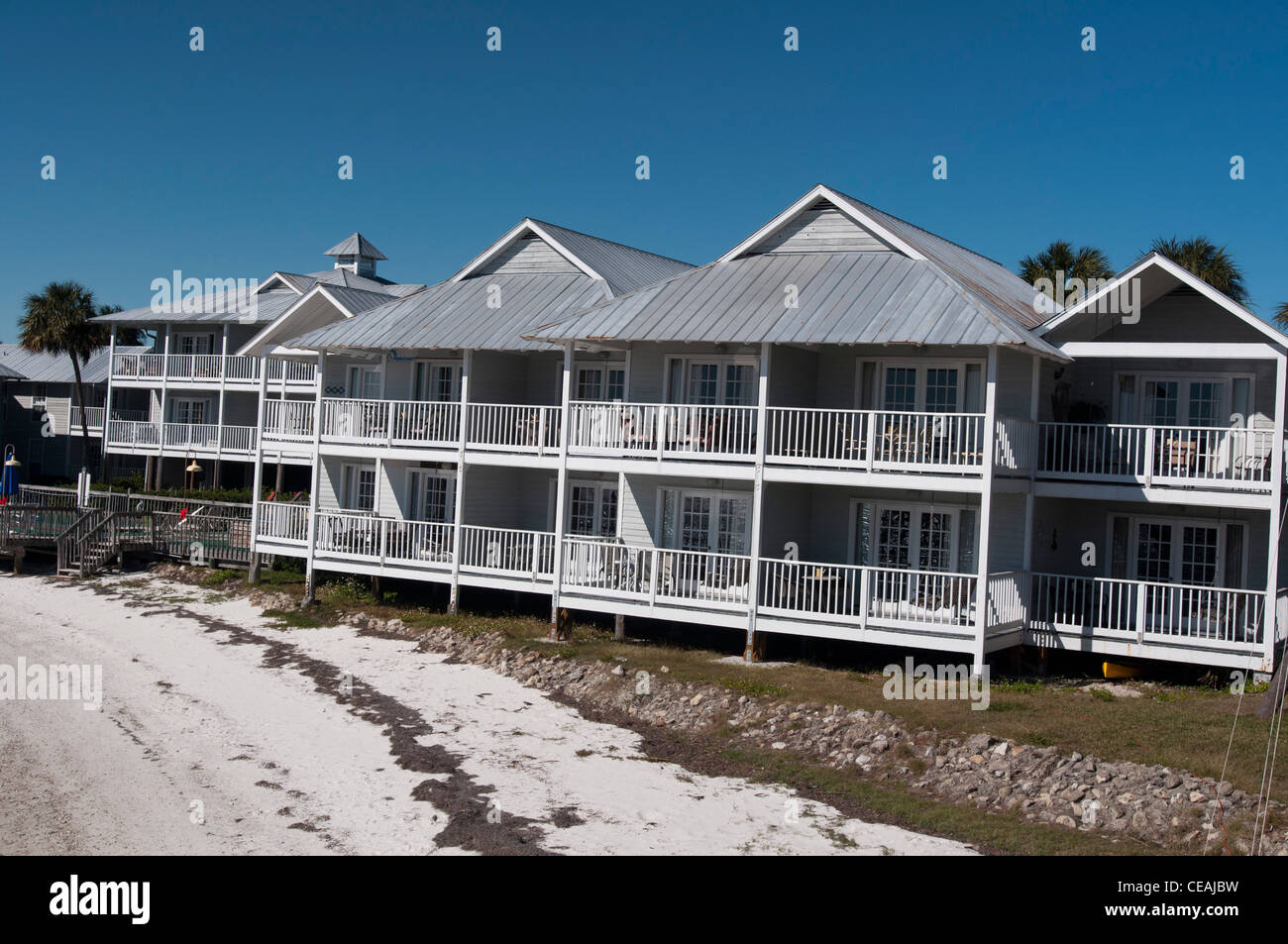 Tourist lodges house architecture of Cedar Key, Florida, USA. Coastal ...