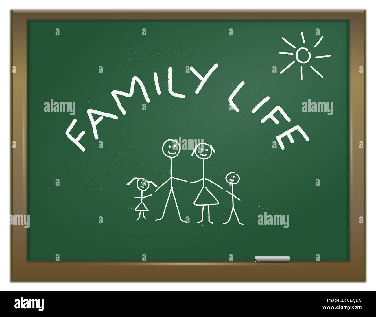 Illustration depicting a green chalk board with a family concept ...