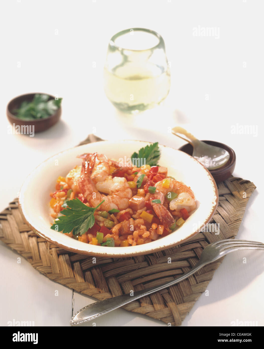 Creole prawns - rice pot Stock Photo - Alamy