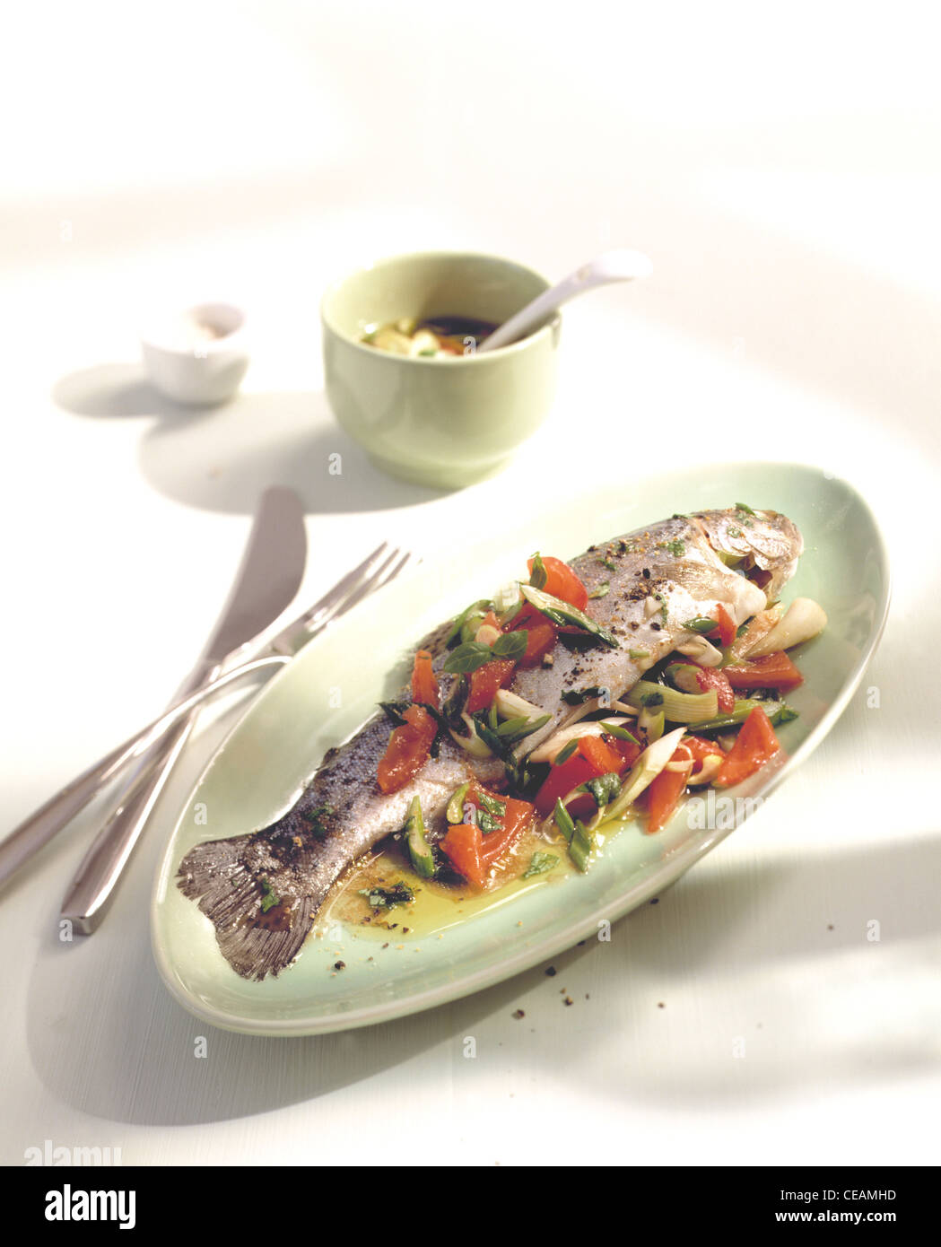 Spanish herb trout with shallot filling Stock Photo - Alamy