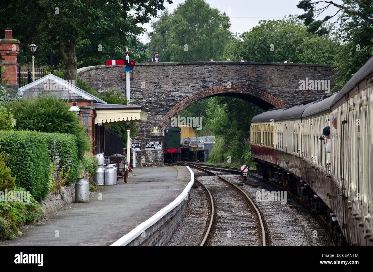 Steam train at Carrog Station on the Llangollen Railway, North Wales ...