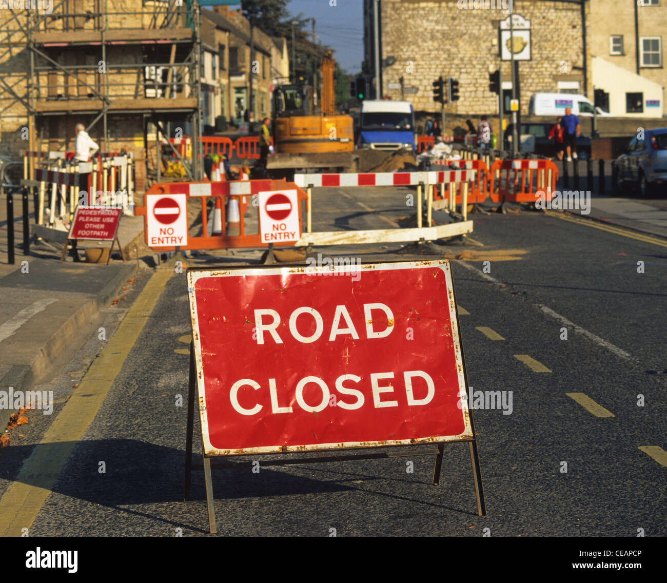 road closed warning sign on high street in Sherburn Yorkshire UK Stock ...