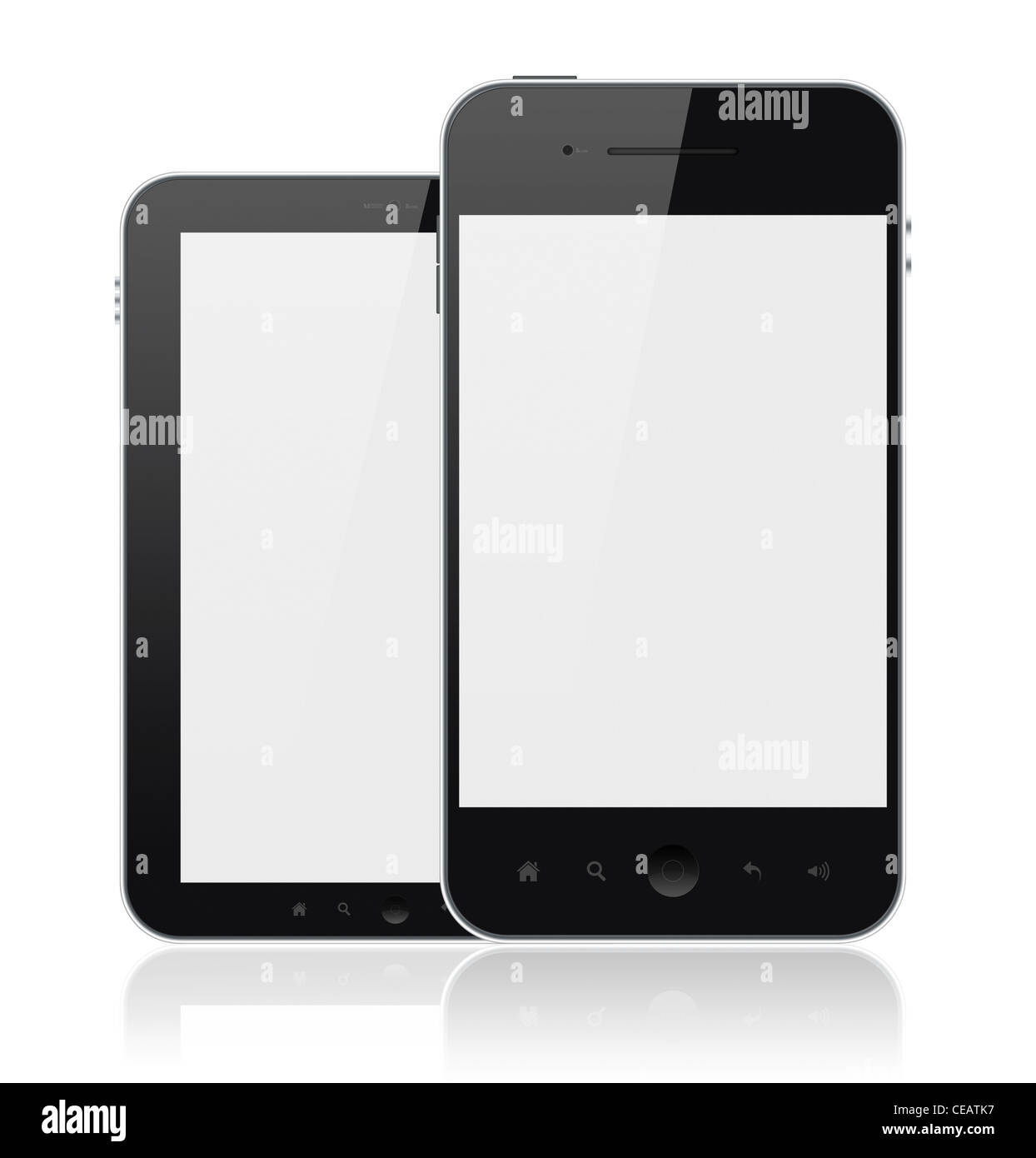 Two mobile smartphones with blank screen isolated on white. Include ...