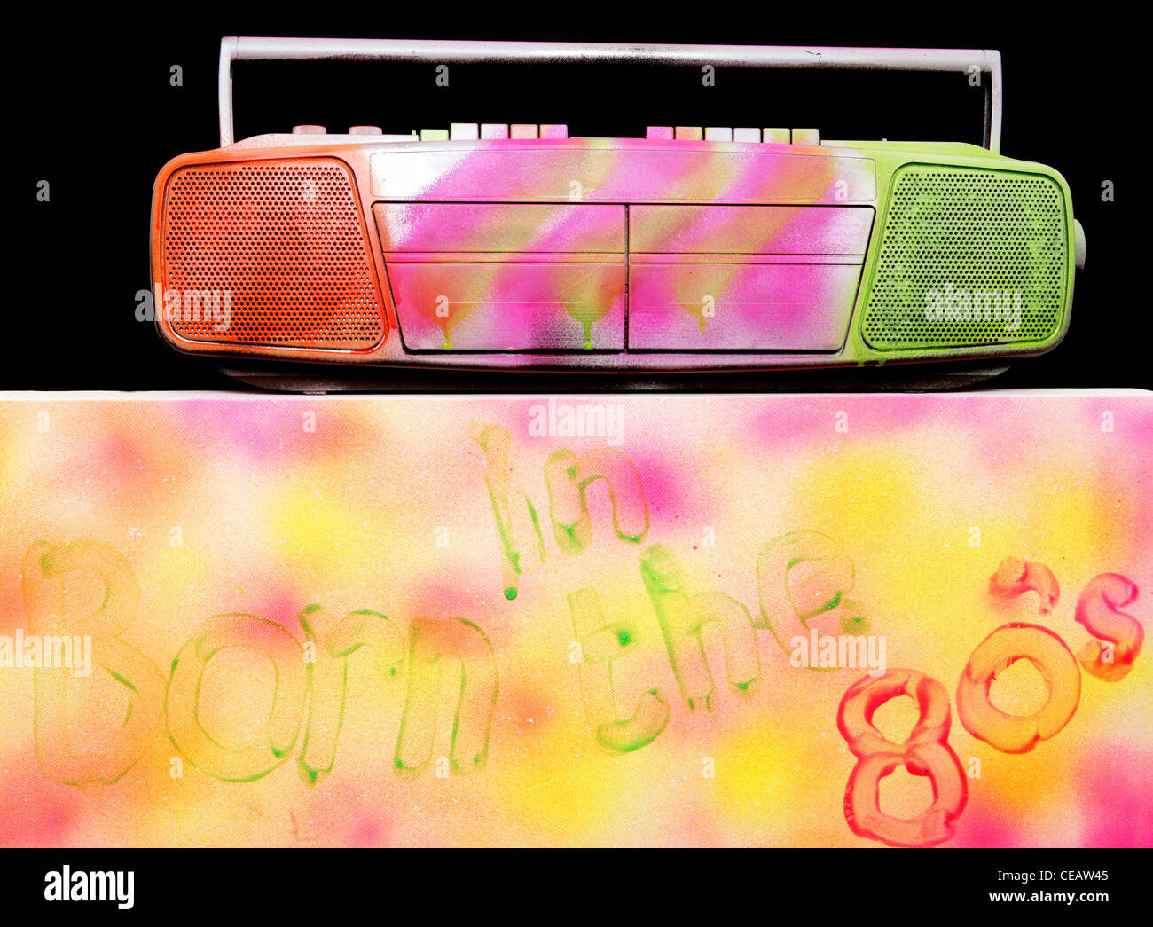 Ghetto blaster and 80s party sign on black background Stock Photo - Alamy