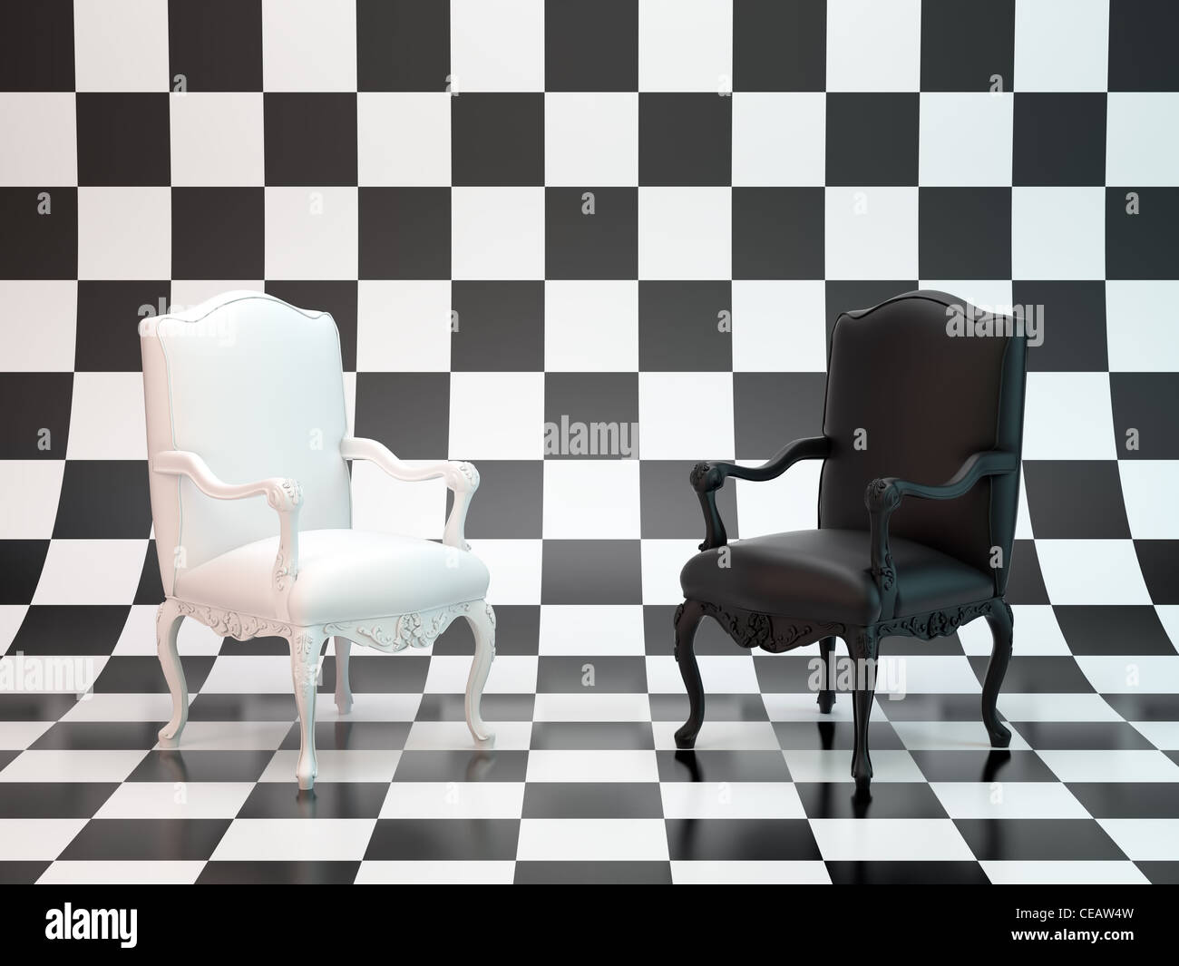 Black and white antique chairs on a checkerboard backdrop Stock Photo ...