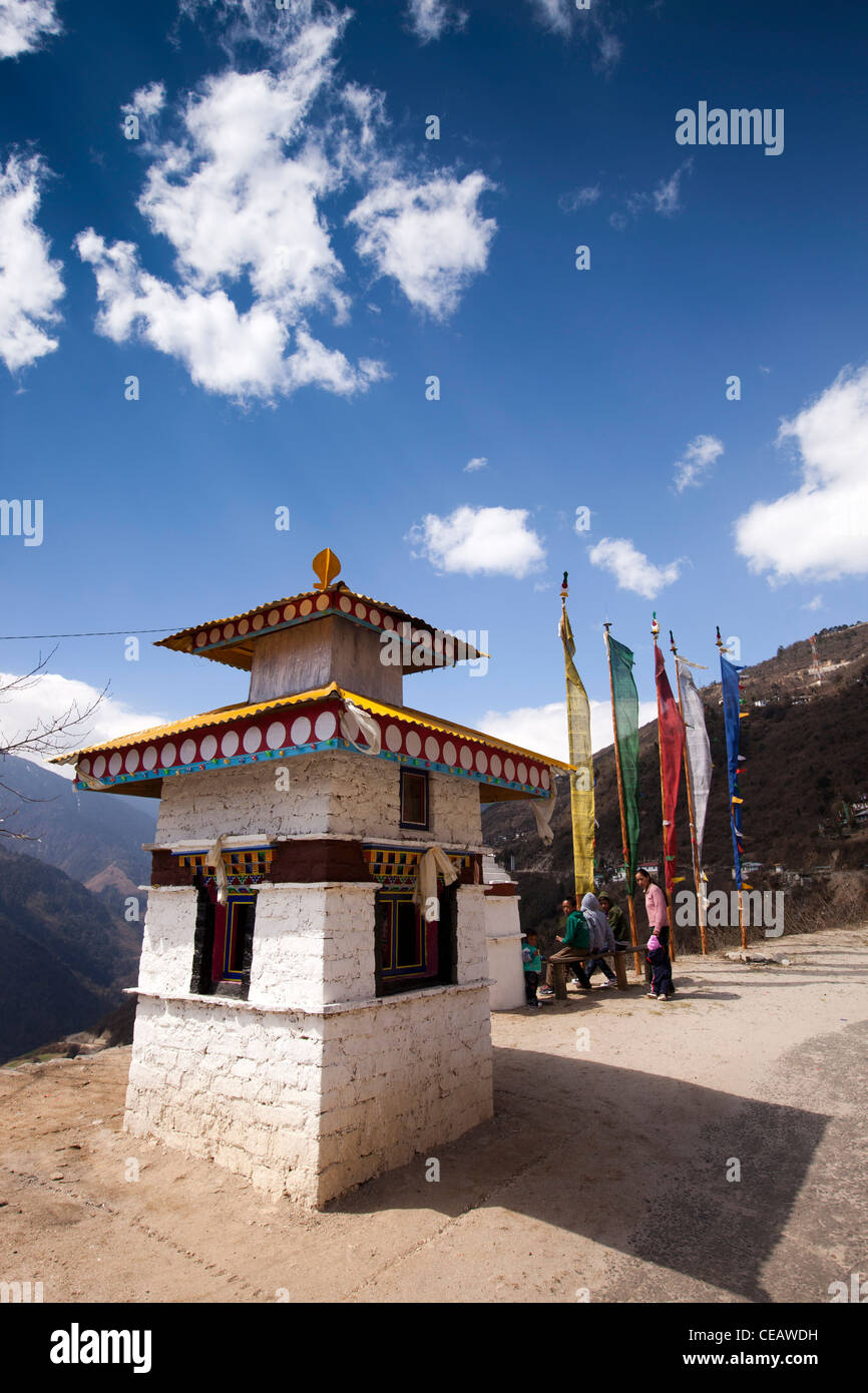 India, Arunachal Pradesh, white painted Buddhist chorten prayer wheels ...