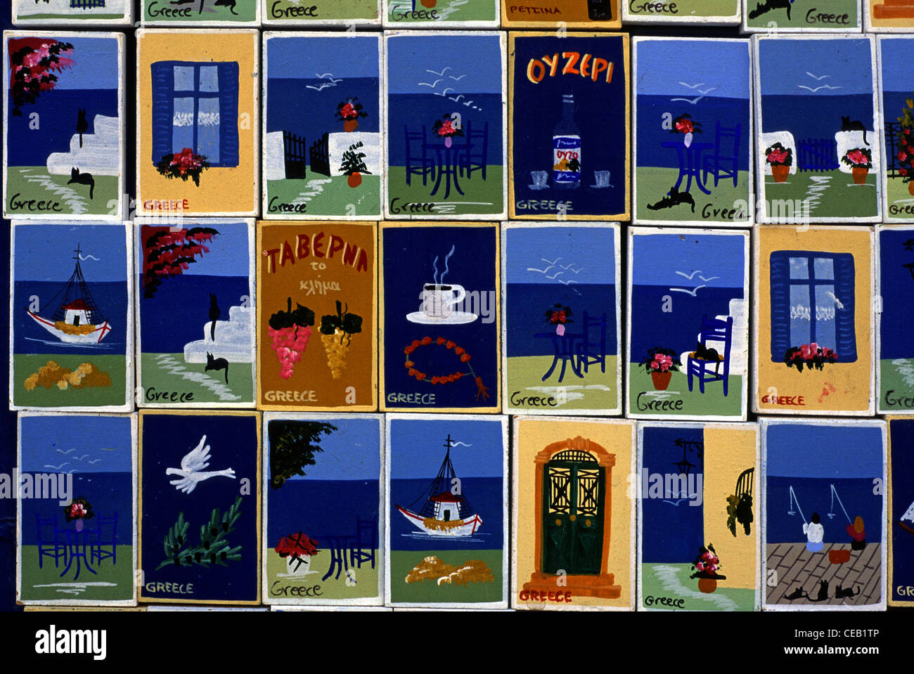 Collection of painted postcards depicting Greek islands for sale in ...