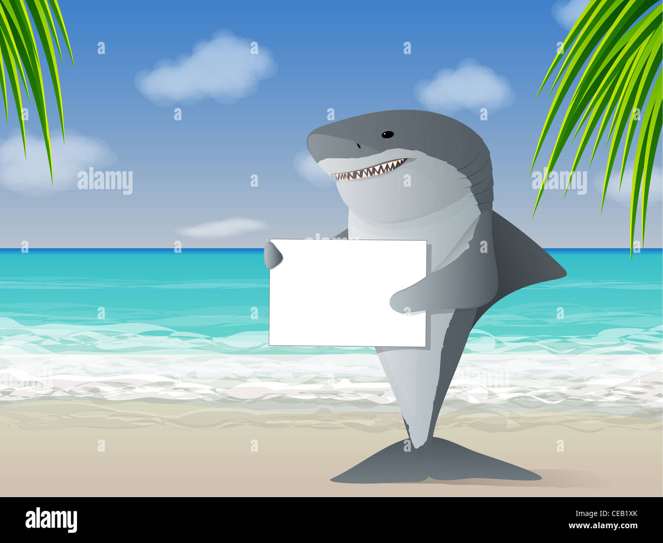 Shark holding a sign at the beach Stock Photo - Alamy