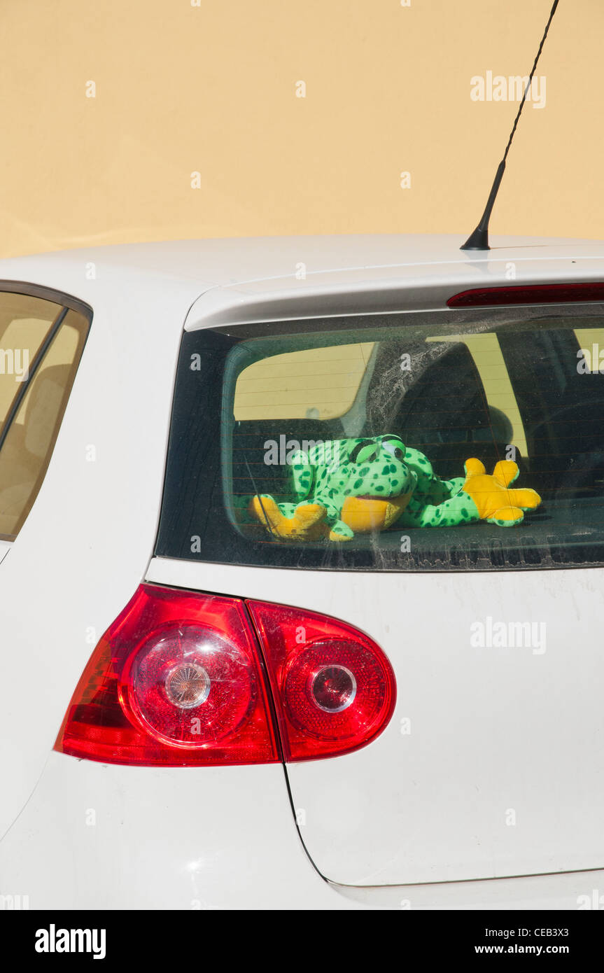 Frog flurry puppet left inside a white car parked in the sun Stock ...