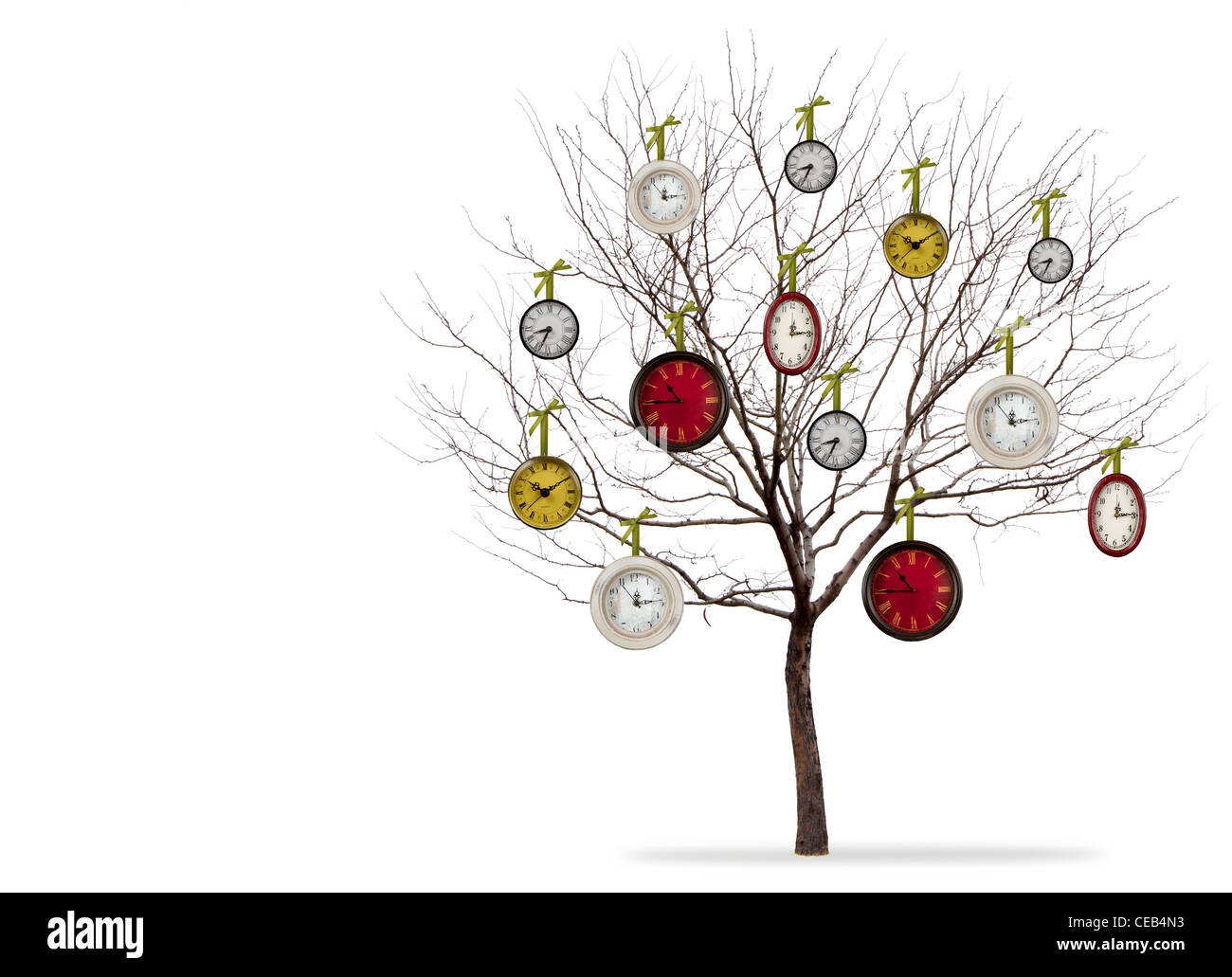 a barren tree with decorative vintage clocks hanging from it's branches ...