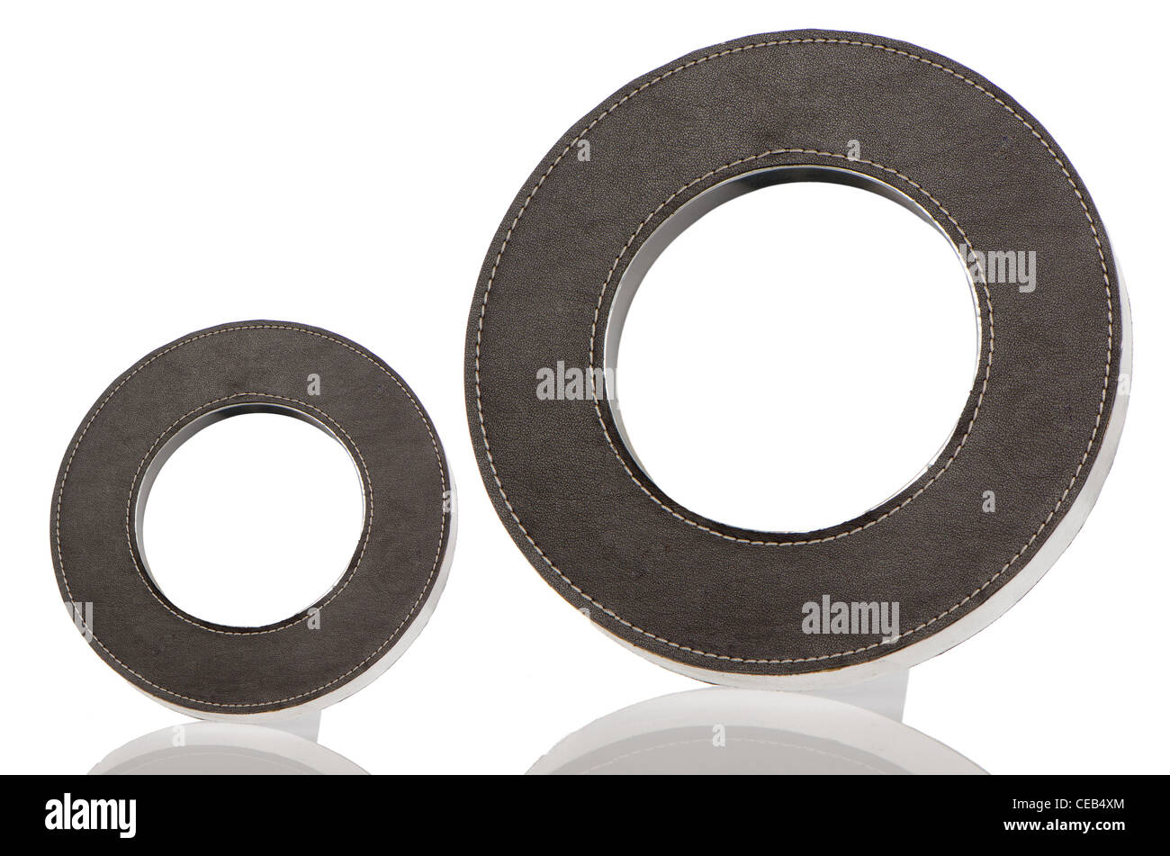 stylish round brown leather photo frames on white background Stock ...