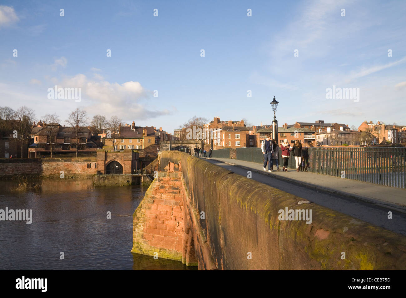 Chester Cheshire View along the red brick Old Dee Bridge over River Dee ...