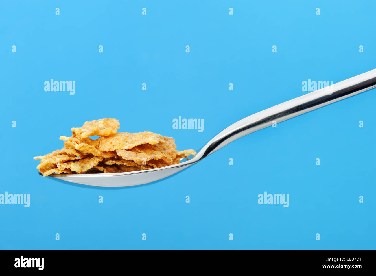 Сornflakes. A dry breakfast in a spoon. On a blue background Stock ...