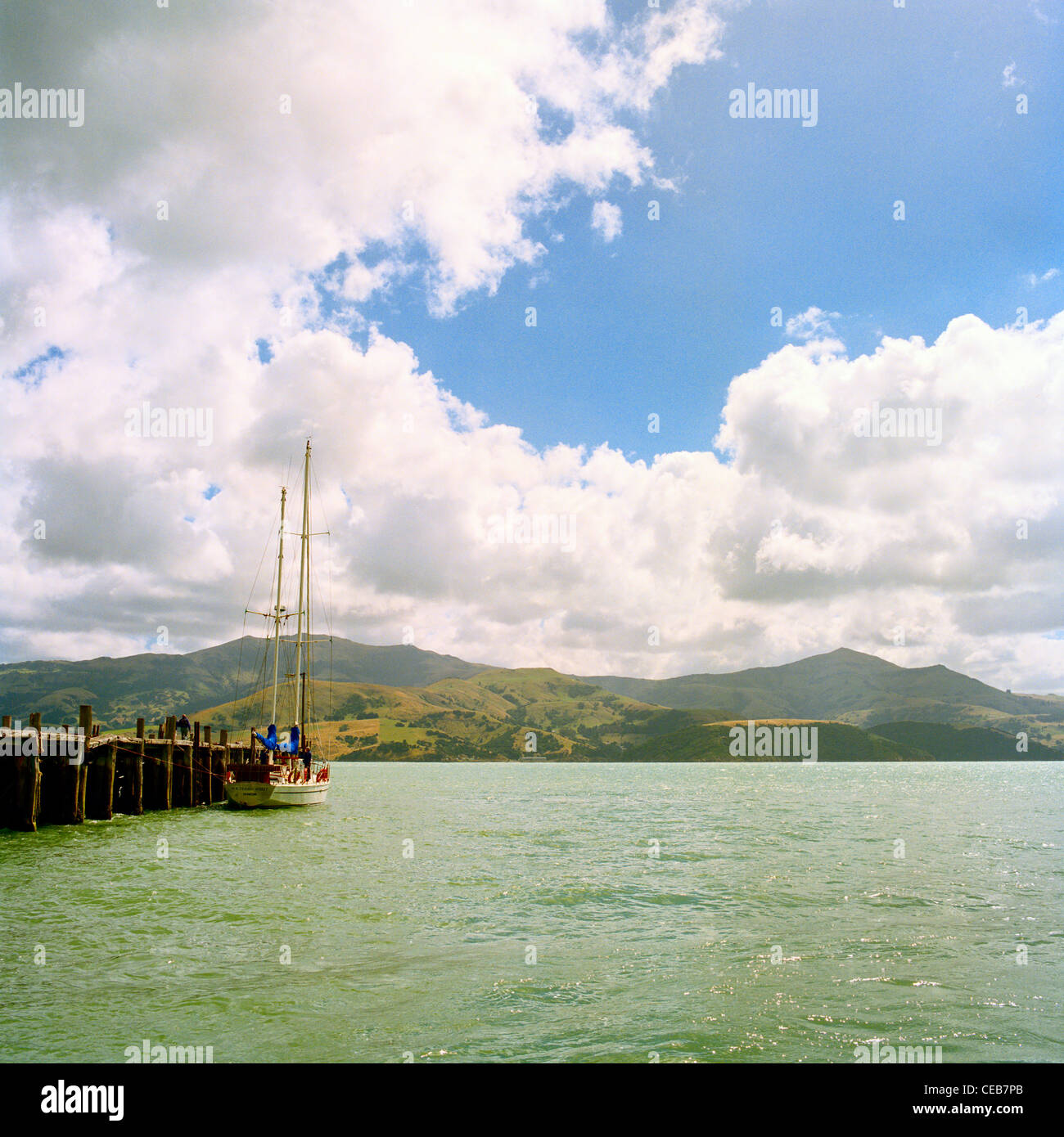 Yacht Southern Spirit moored at pier Akaroa Harbour South Island New ...