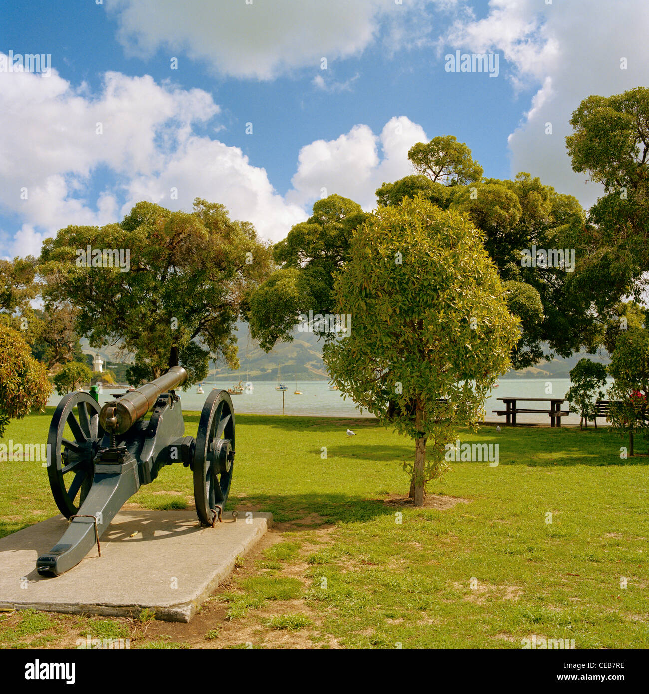 Cannon Akaroa waterfront Banks Peninsula South Island New Zealand Stock ...