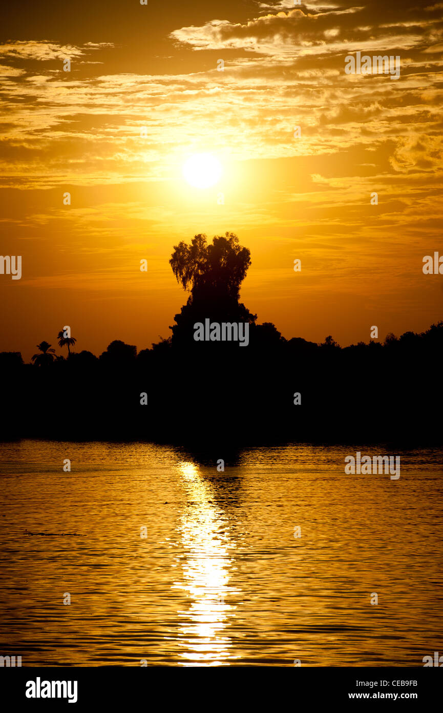 Beautiful sunset over a large river with a tree-lined river bank and ...