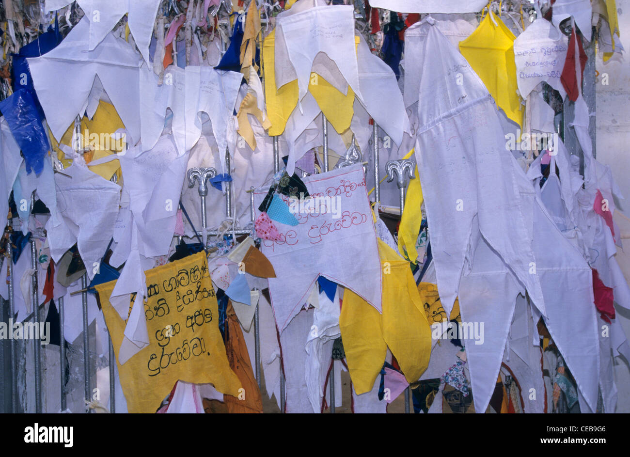 Prayer banners of Jaya Sri Maha Bodhi sacred fig tree, Anuradhapura ...