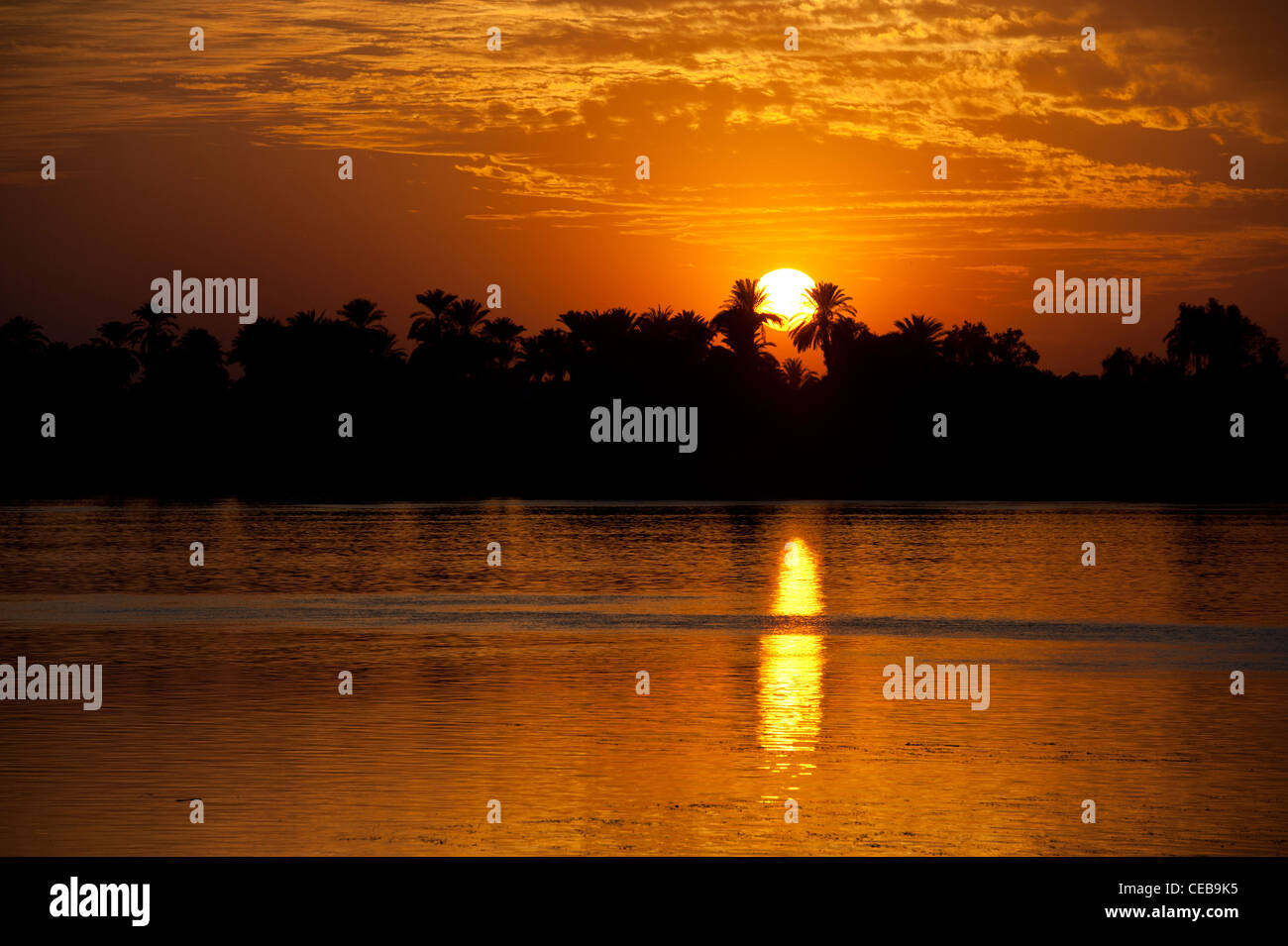 Beautiful sunset over a large river with a tree-lined river bank and ...