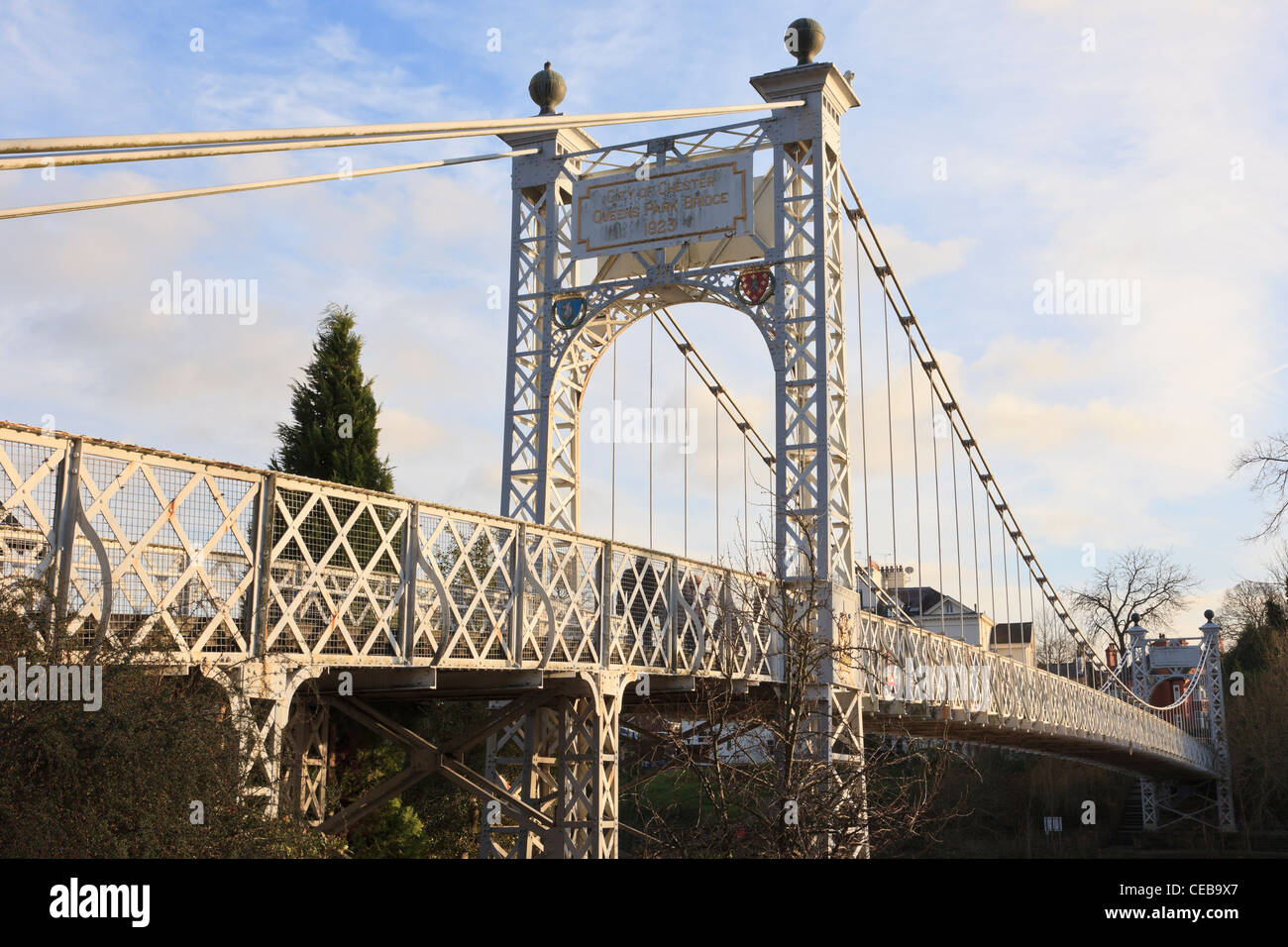 Side view of Queens Park Bridge 1923 suspension footbridge across the ...