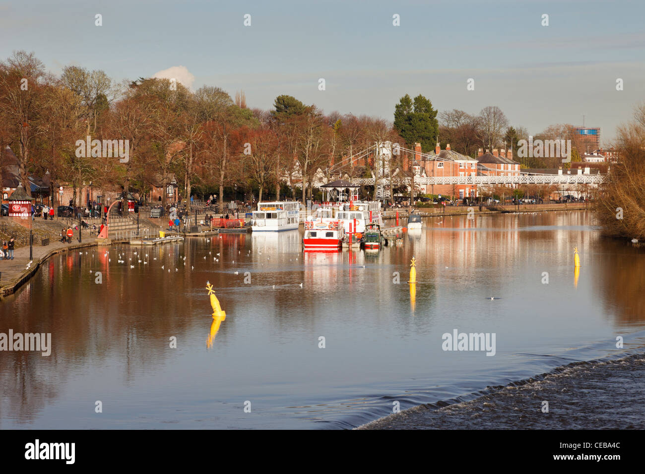 Chester, Cheshire, England, UK. View upstream across the weir on the ...