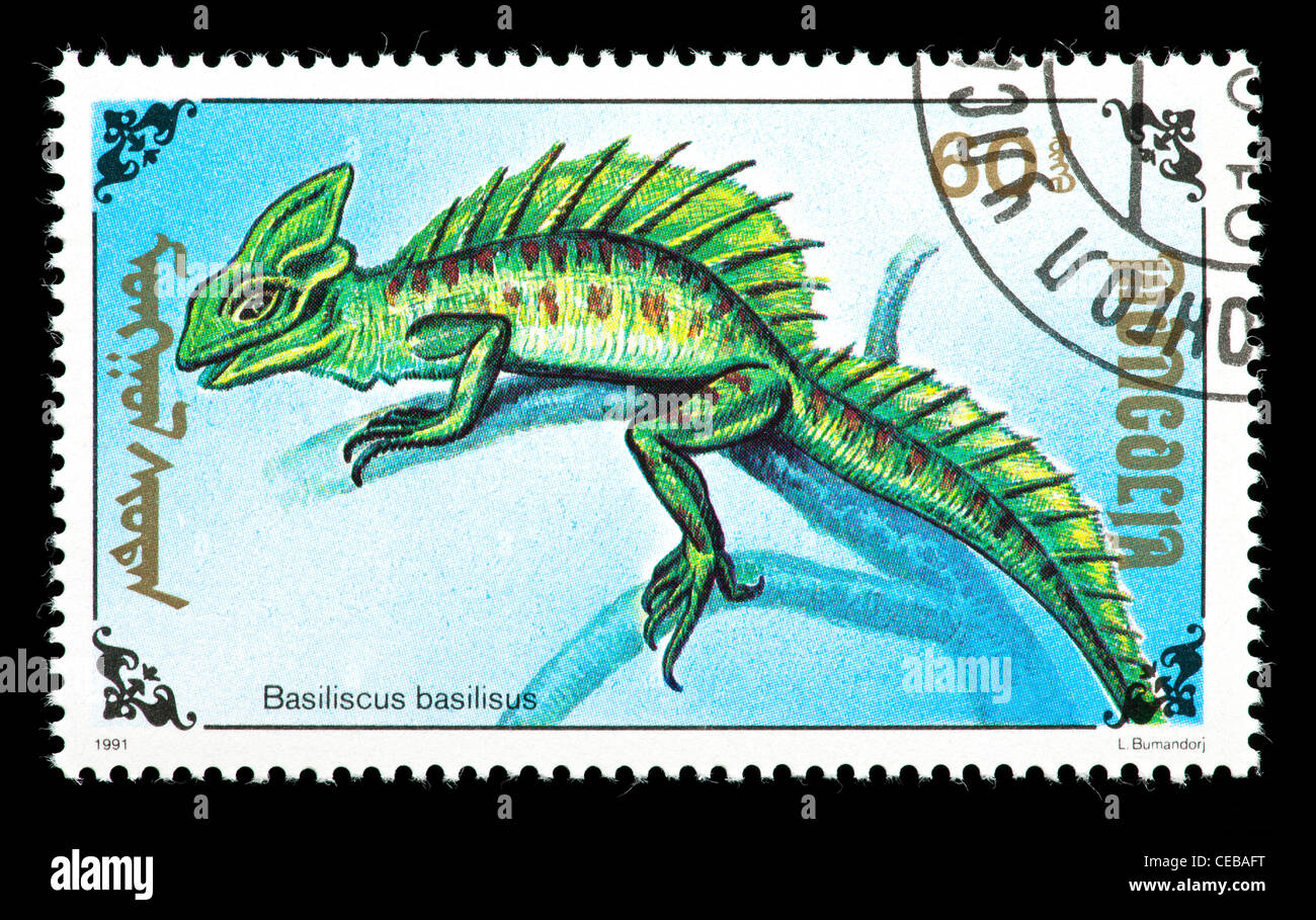 Postage stamp from Mongolia depicting a basilisk (Basiliscus basiliscus ...