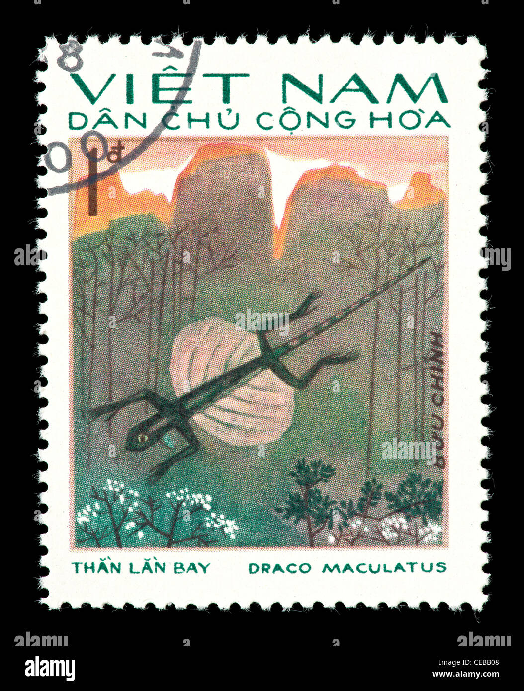 Postage stamp from Vietnam depicting a spotted flying dragon (Draco ...