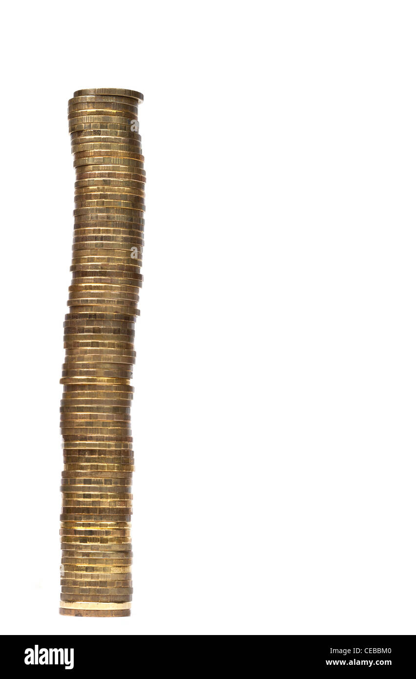 Tall stack of golden coins on white background with copyspace Stock ...