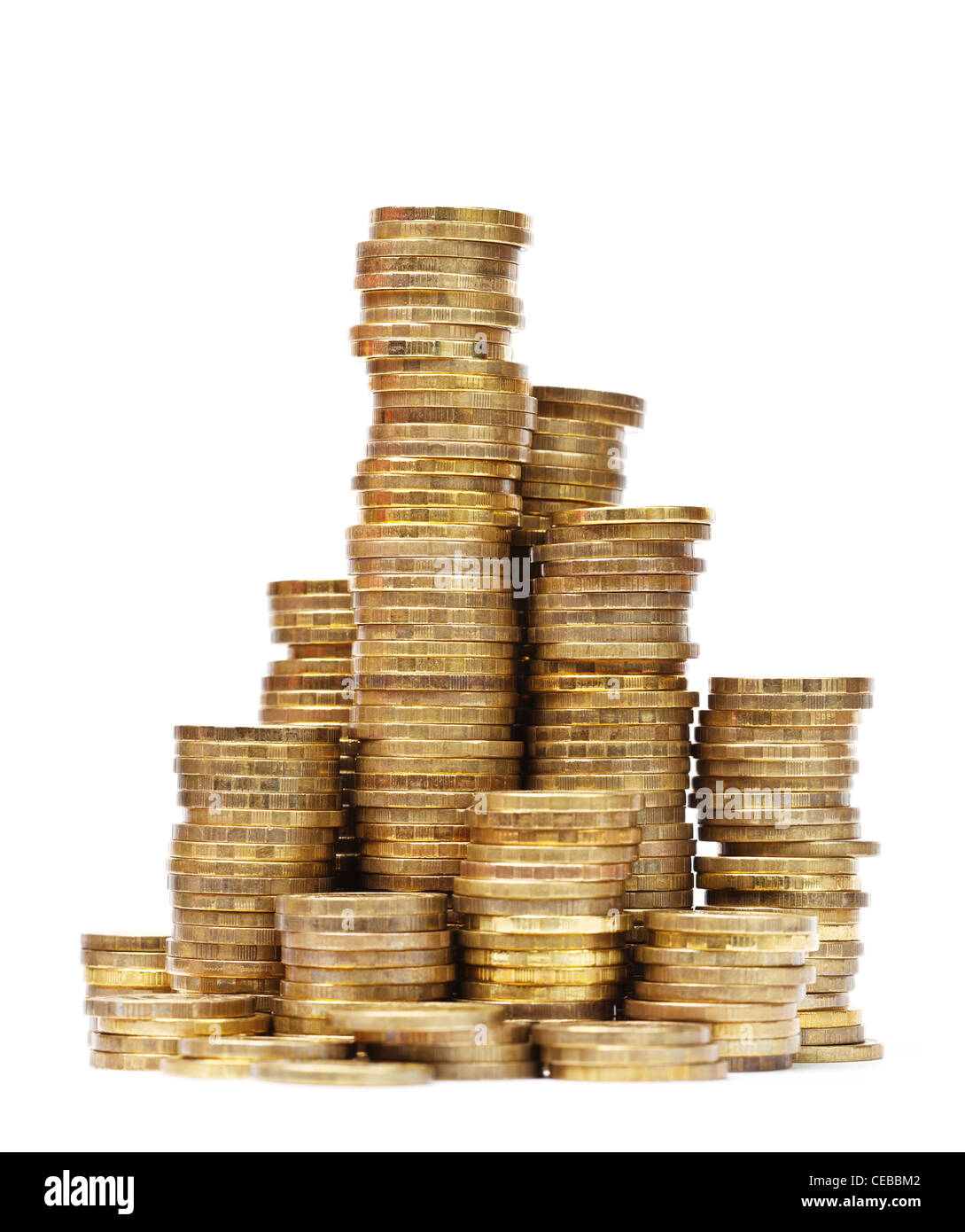 Columns of golden coins on white background Stock Photo - Alamy