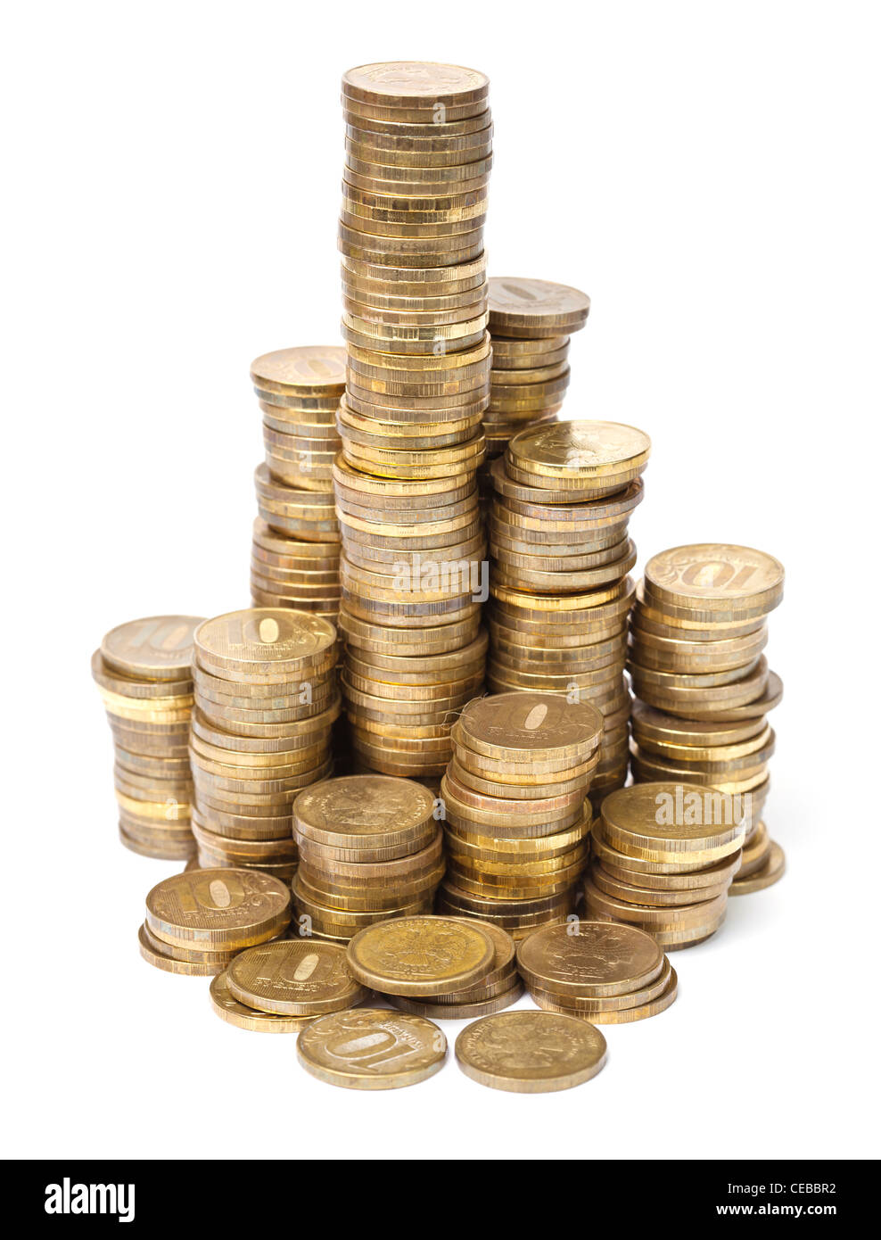 Stacks of golden coins on white background Stock Photo - Alamy