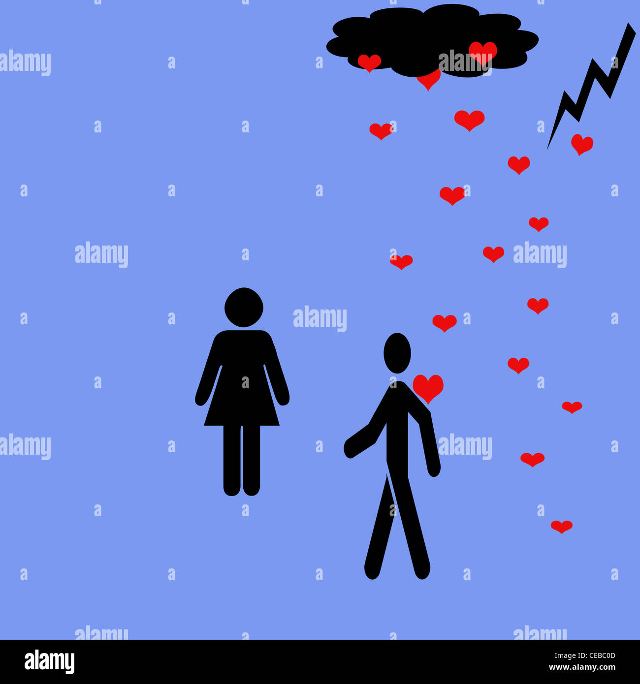 Raining Hearts; universal male and female black figures, male following ...