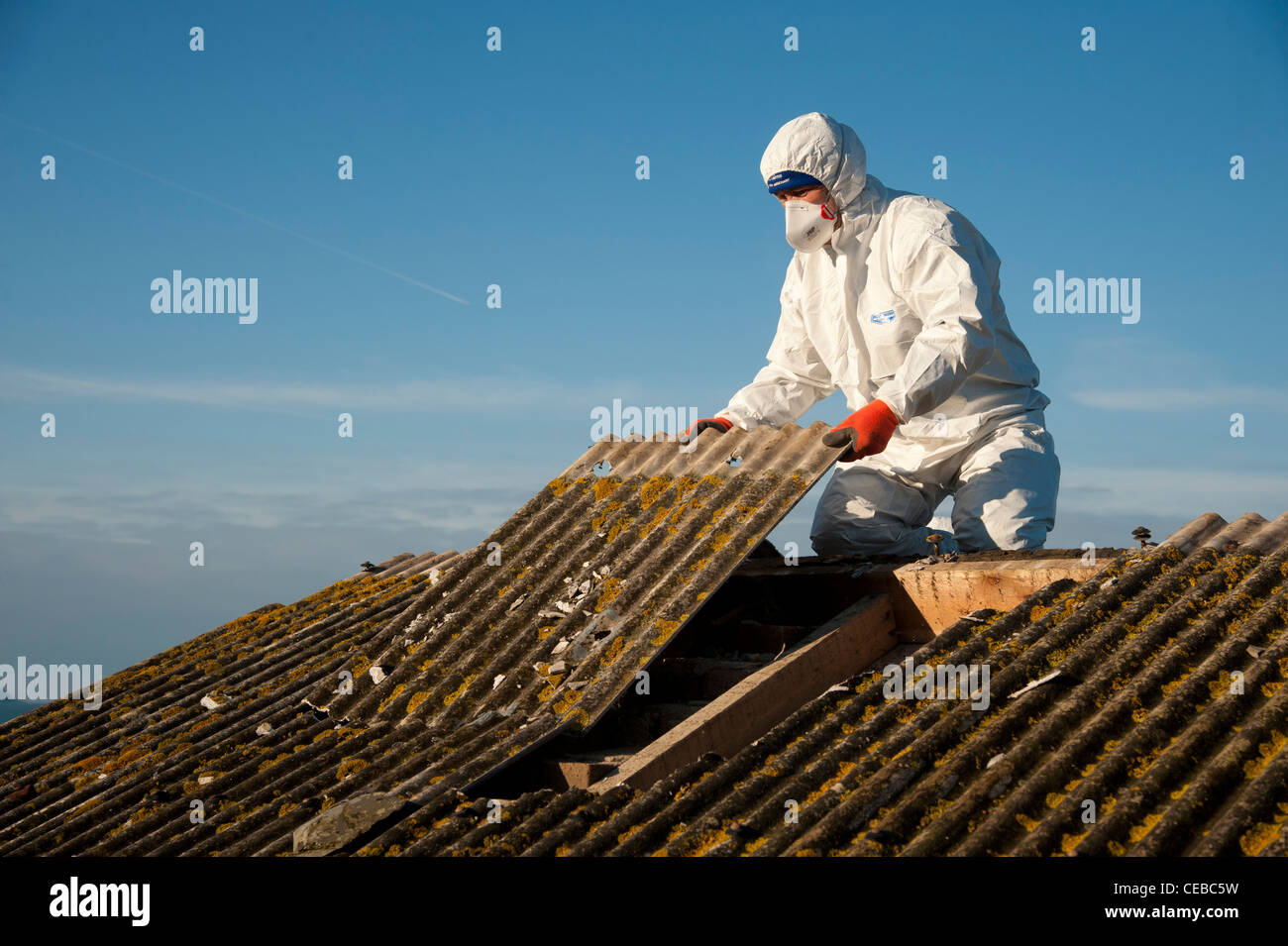 A workman wearing protective clothing and facemask removing asbestos ...