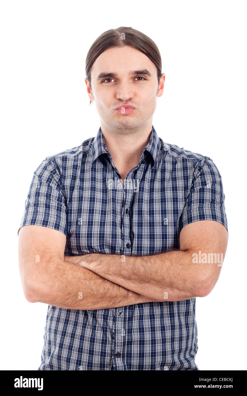 Happy young man making flirting kiss face, isolated on white background ...