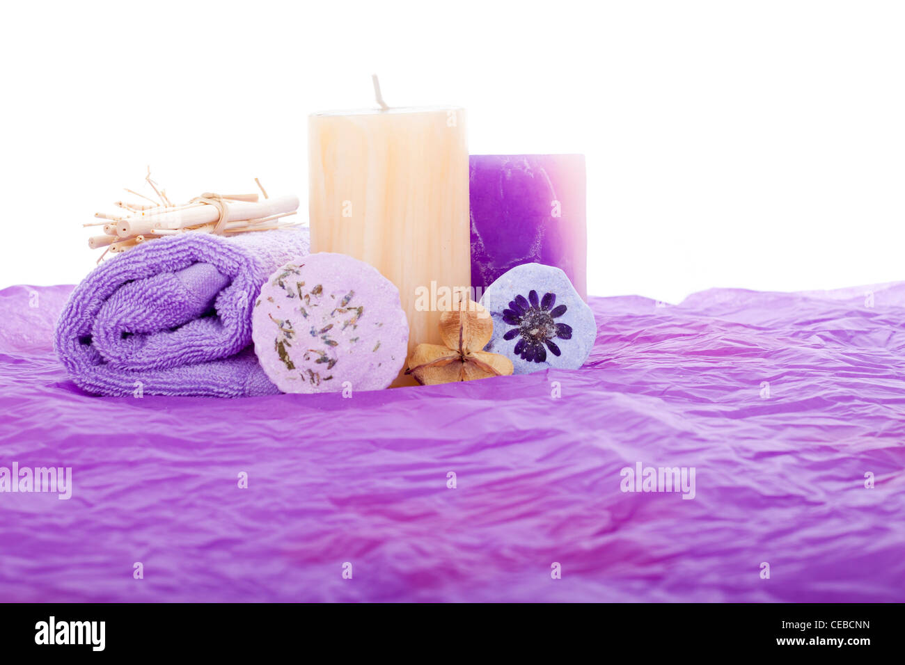 Purple Spa set, isolated on white background Stock Photo - Alamy
