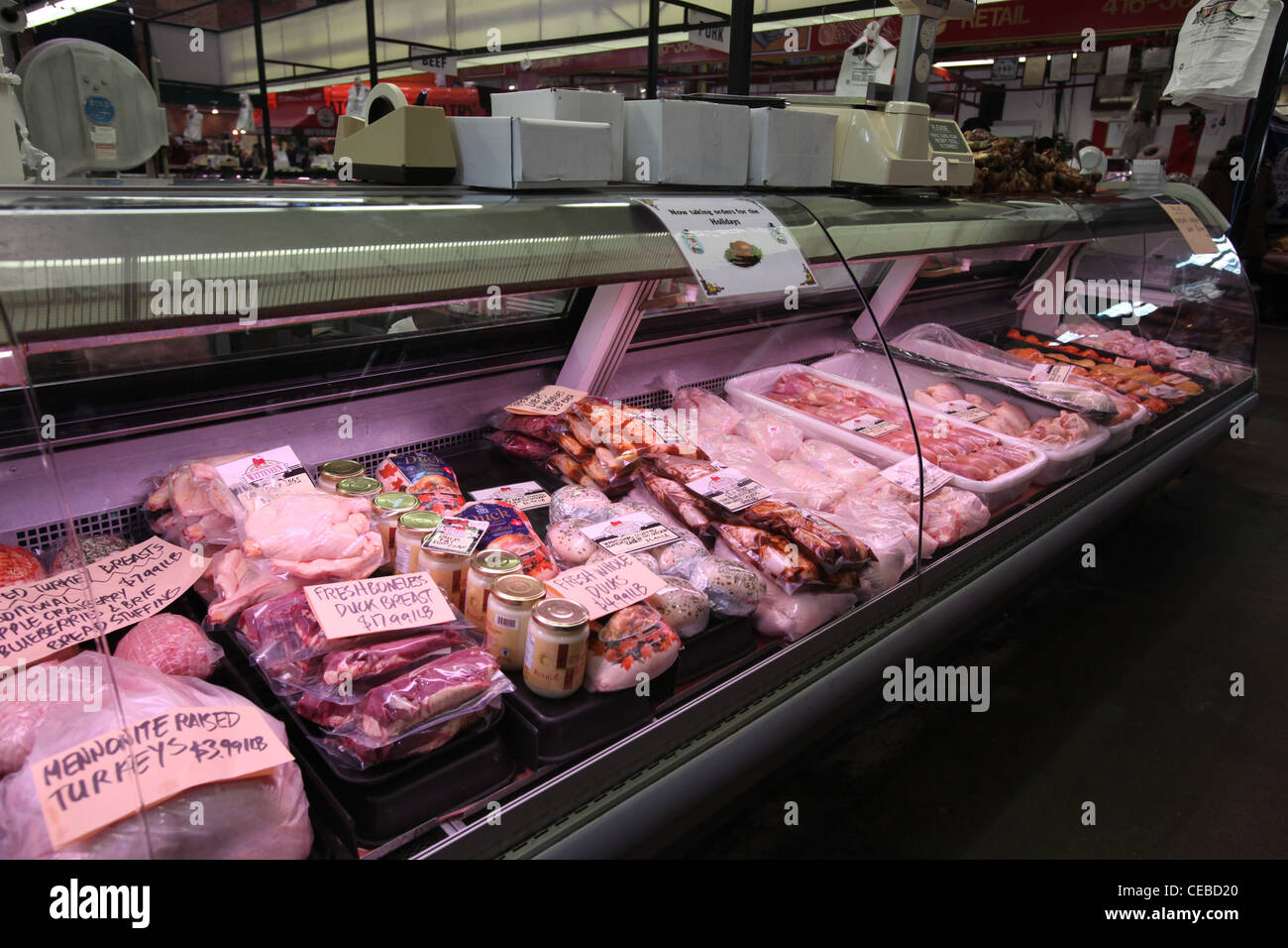 Poultry meat stall in St. Lawrence indoor market Toronto Canada Stock ...
