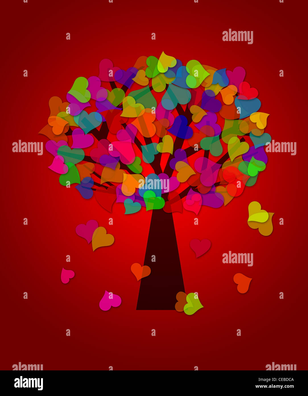 Colorful Valentines Day Heart Shape Leaves on Trees with Red Background ...