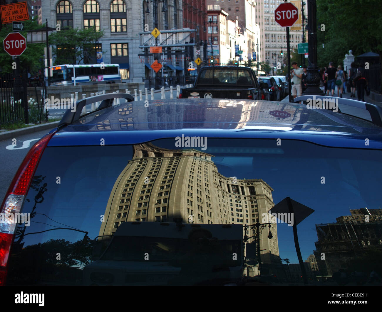 Raflection in car window of Municipal Building, downtown Manhattan near ...